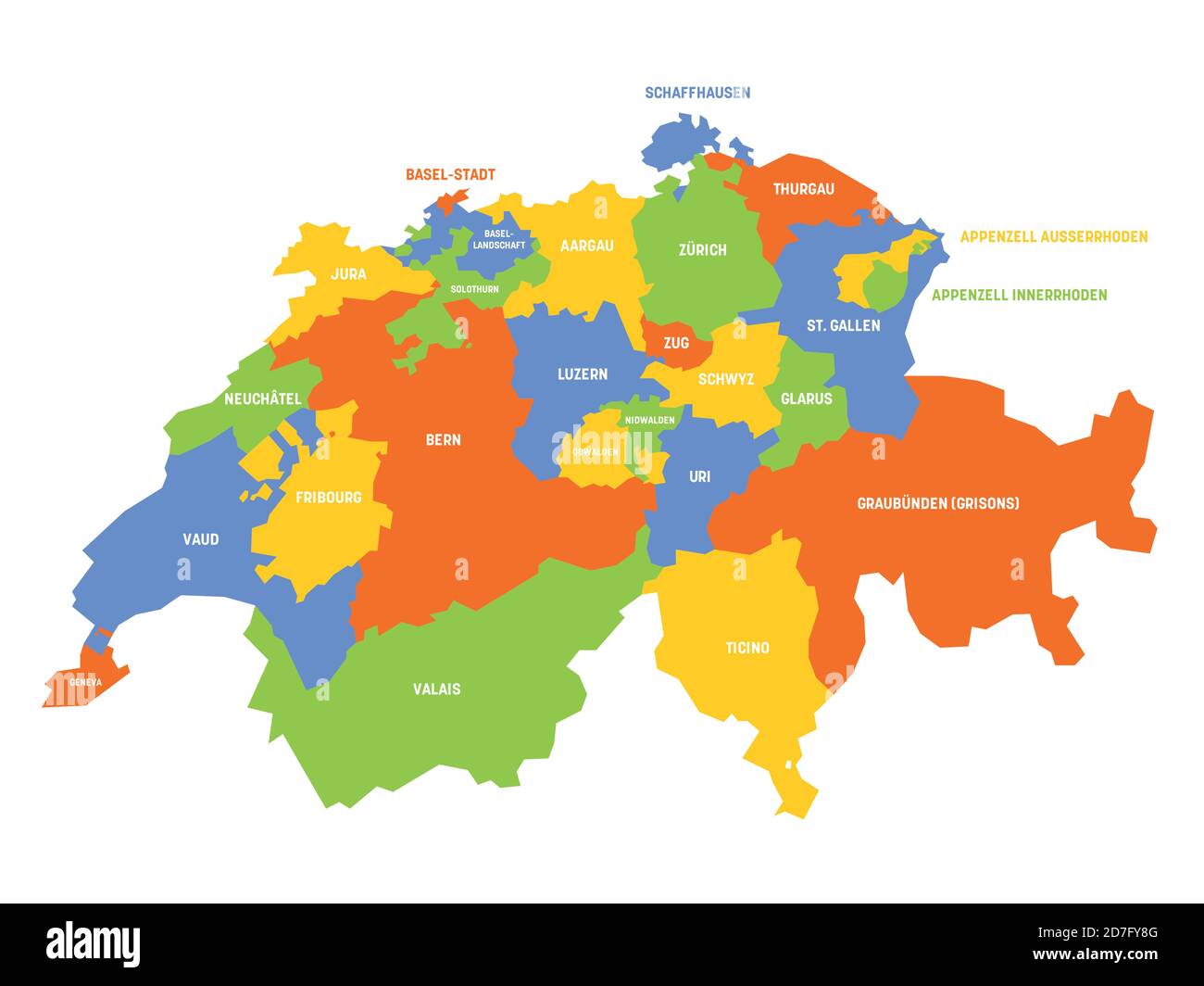 Mappa politica colorata della Svizzera. Divisioni amministrative ...