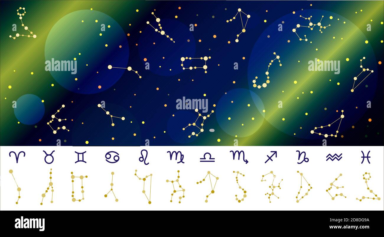 Costellazioni dell'oroscopo con simboli dei segni zodiacali su un ...