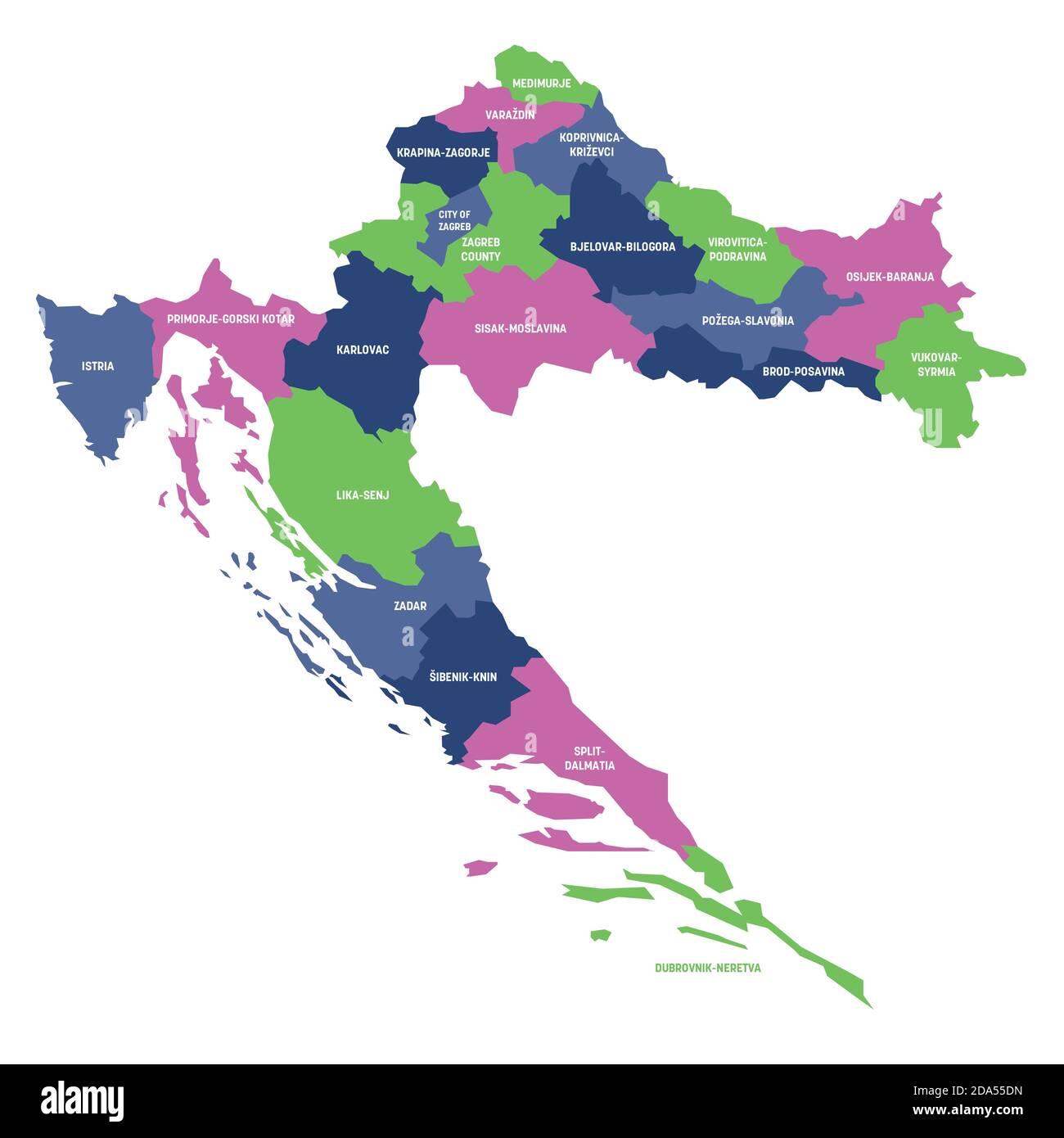 Mappa politica colorata della Croazia. Divisioni amministrative ...