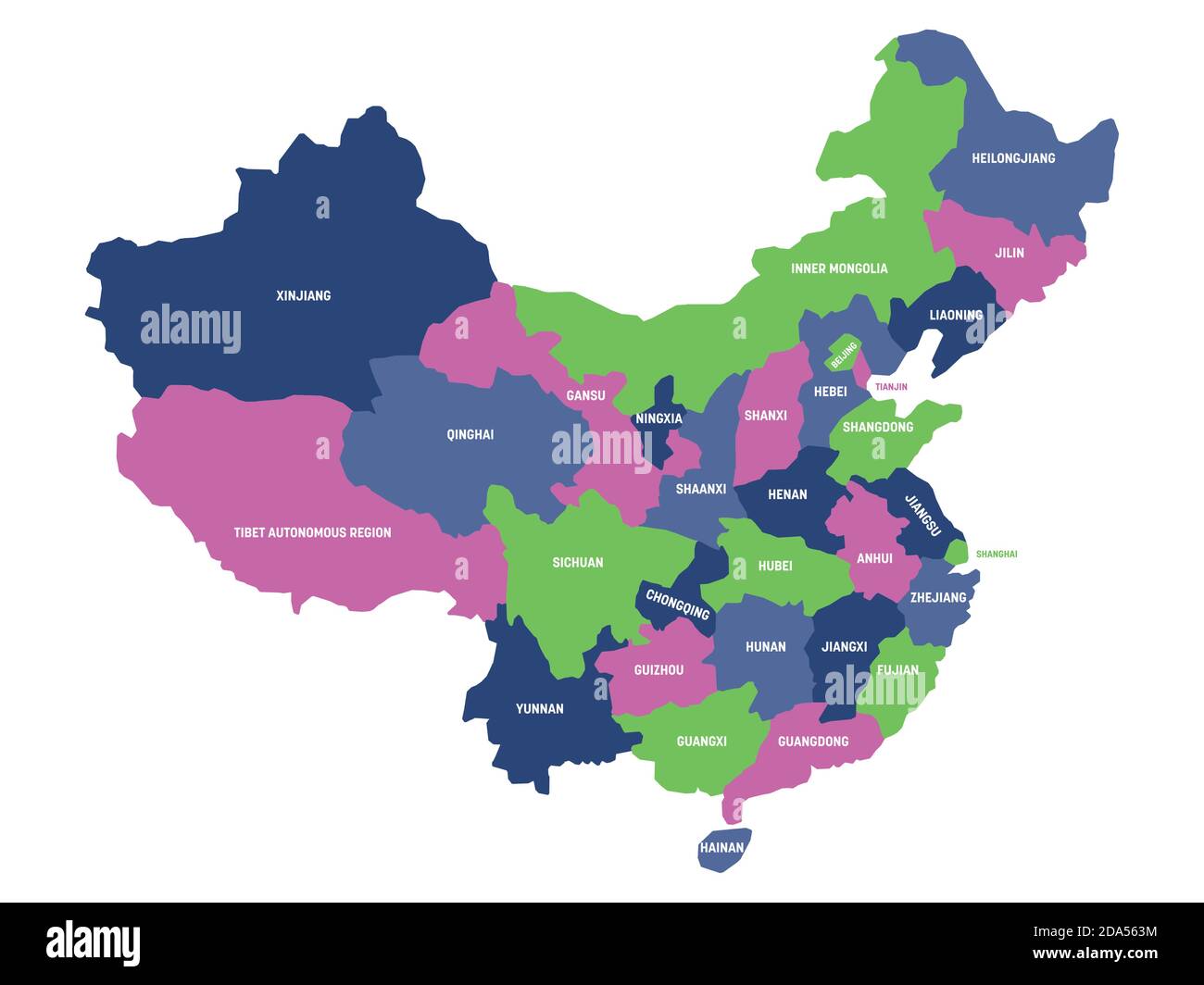Mappa politica colorata della Cina. Divisioni amministrative - Province ...