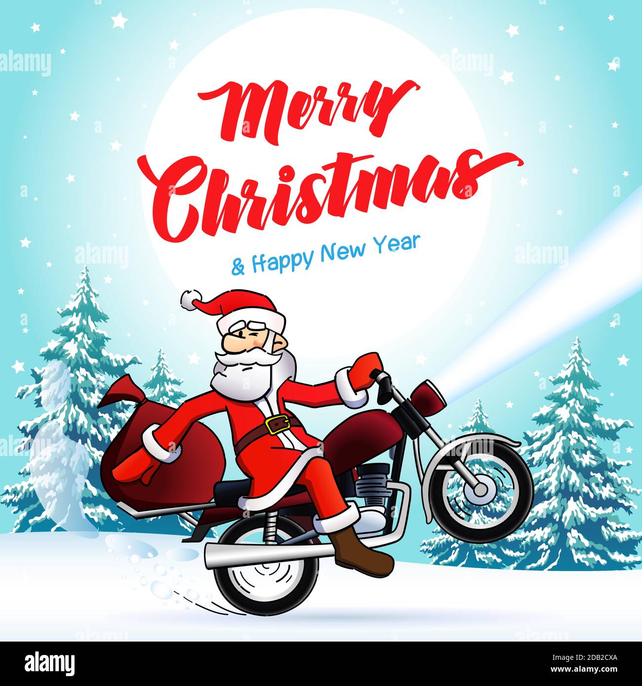 Santa biker buon Natale e felice Capodanno biglietto d'auguri. Merry ...