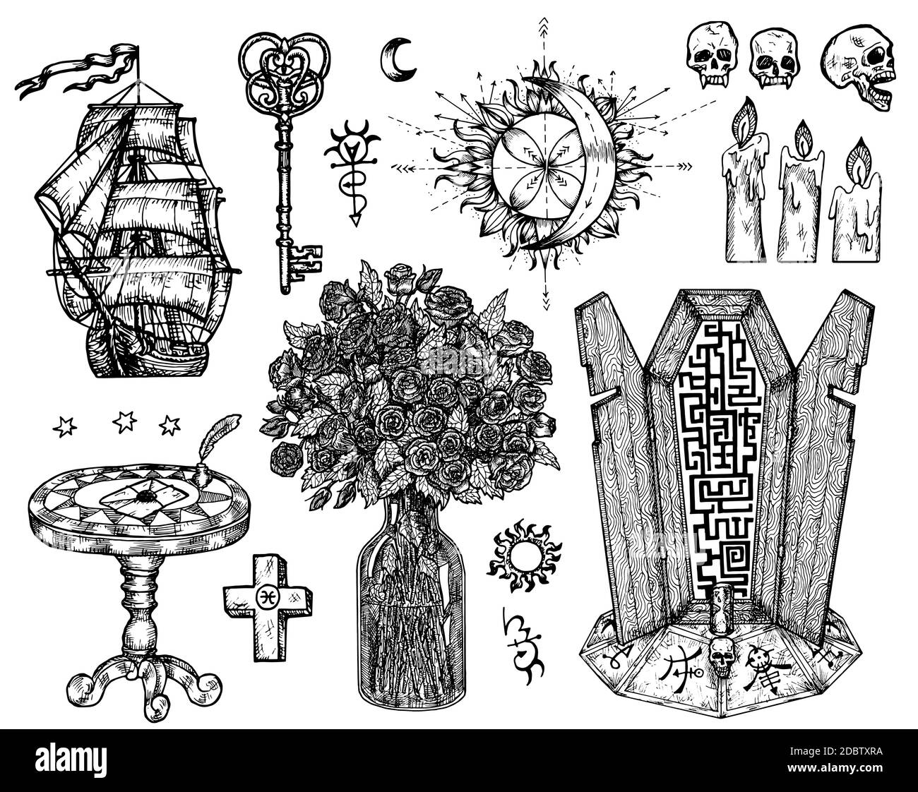 Set di design con simboli mistici isolati su bianco. Illustrazione ...