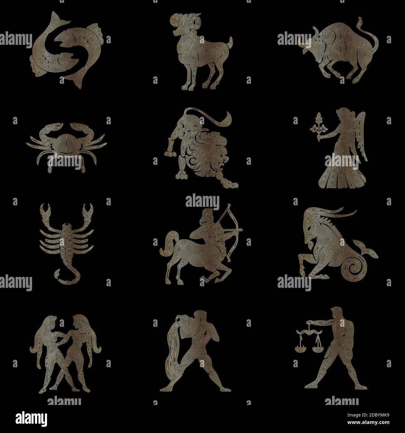 Serie di segni dello zodiaco, simboli dello zodiaco, disegno lineare ...