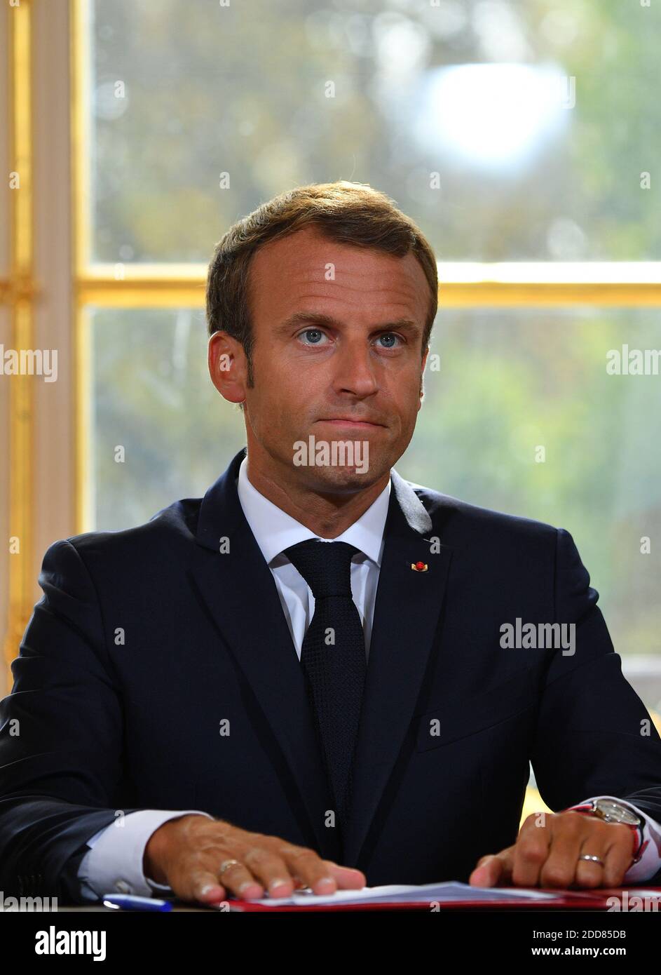 Il presidente francese Emmanuel Macron delviers un discorso durante un ...