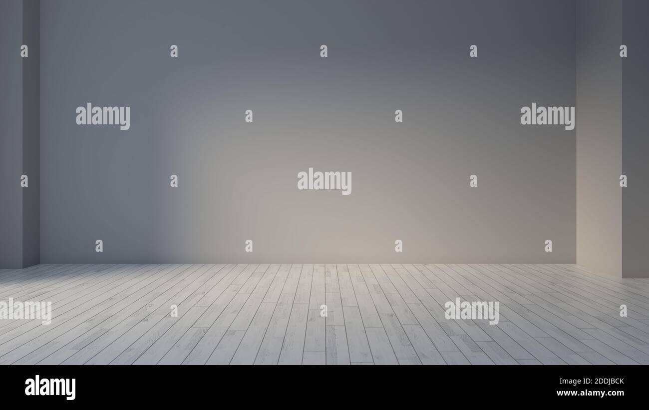 Camera vuota con muro d'angolo dipinto e pavimento in legno bianco ...