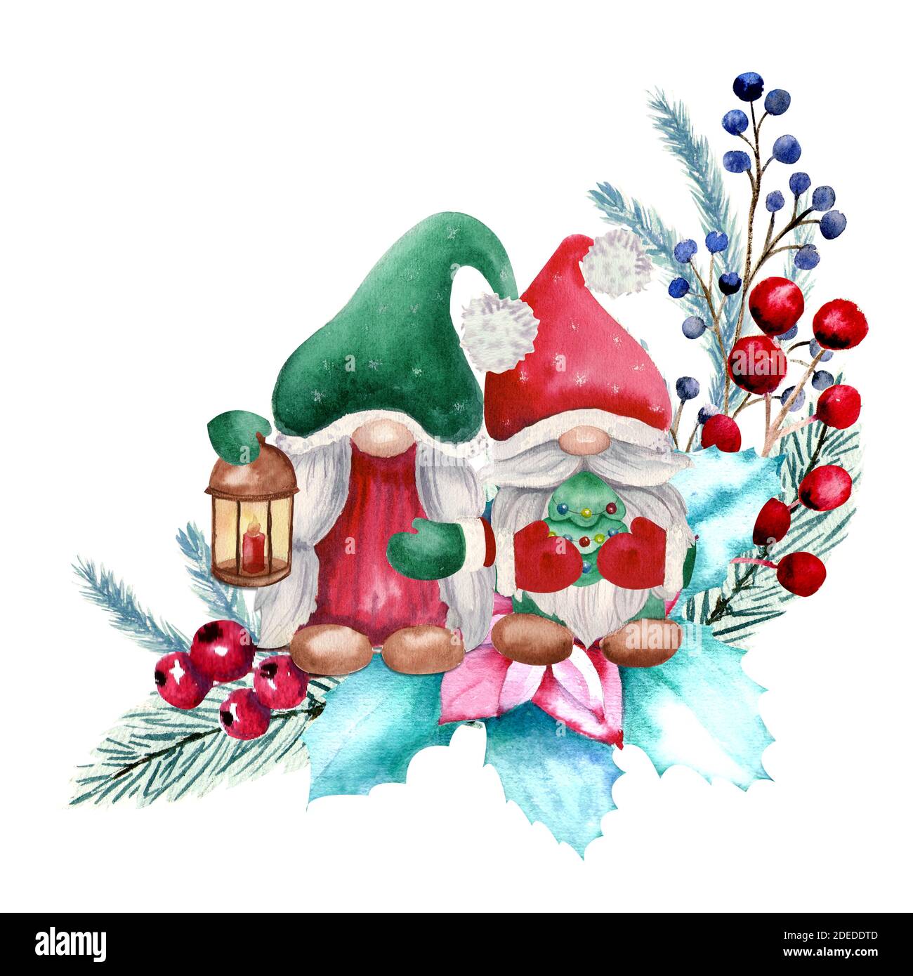 Composizione acquerello invernale con gnomi natalizi, bacche, coni di ...