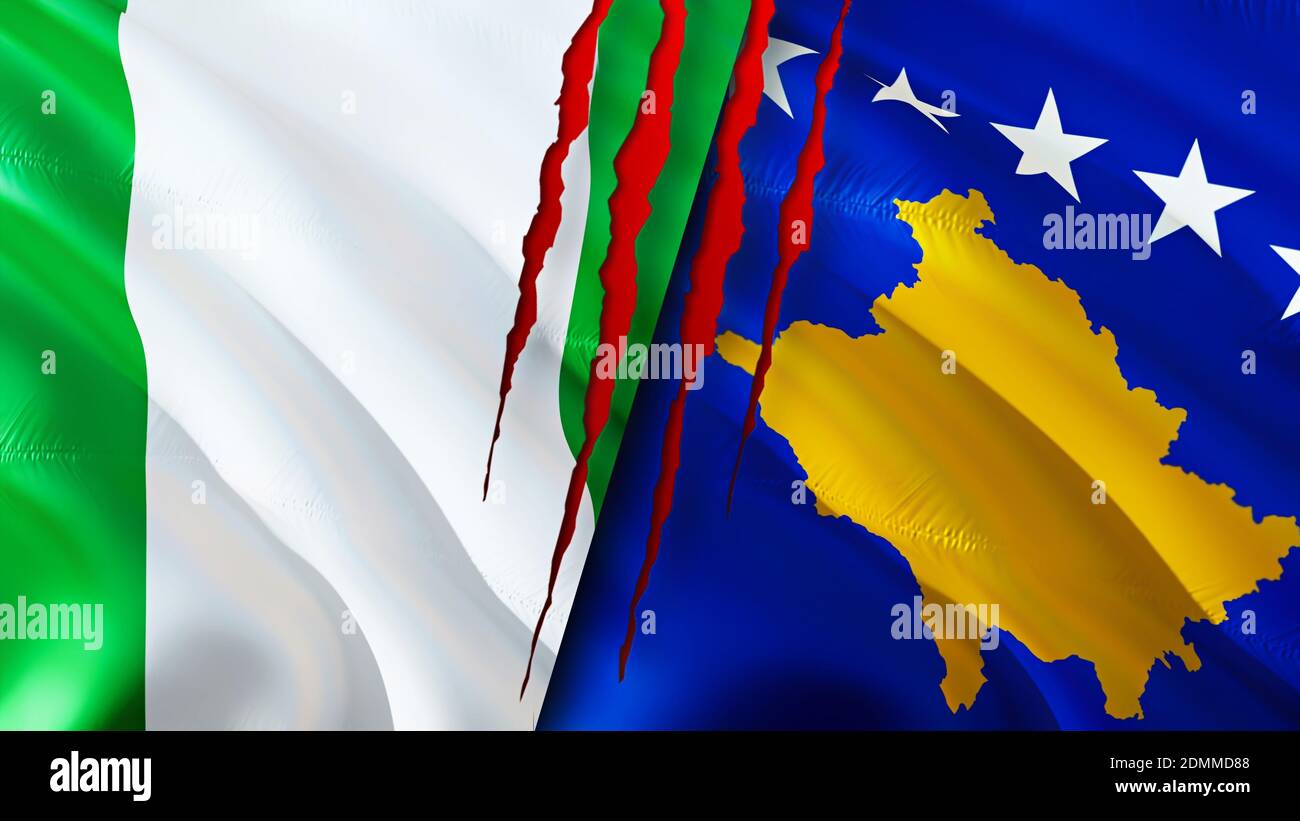 Bandiere della Nigeria e del Kosovo con concetto di cicatrice. Flag di ondulazione, rendering 3D ...