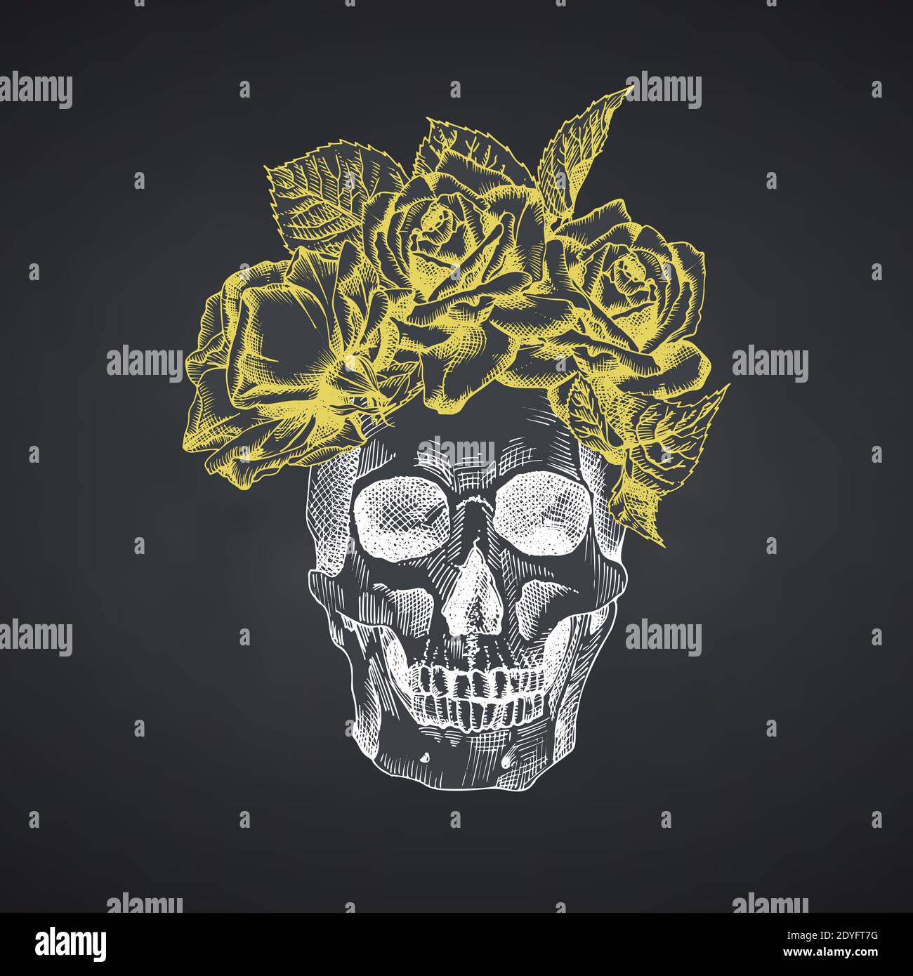 Disegno a mano cranio umano con corona di fiori. Rosa gialla ...