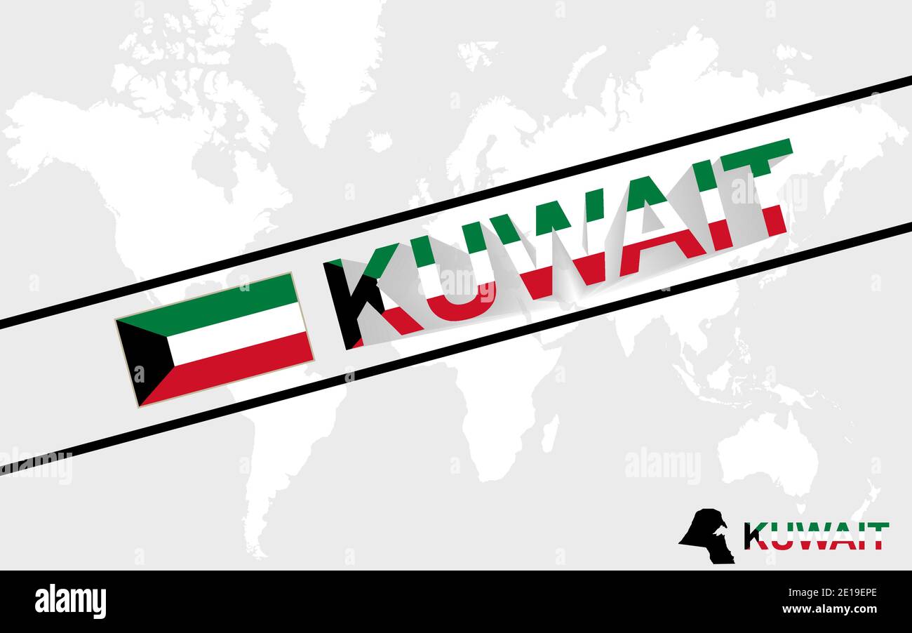 Mappa Kuwait bandiera e testo illustrazione, sulla mappa del mondo ...