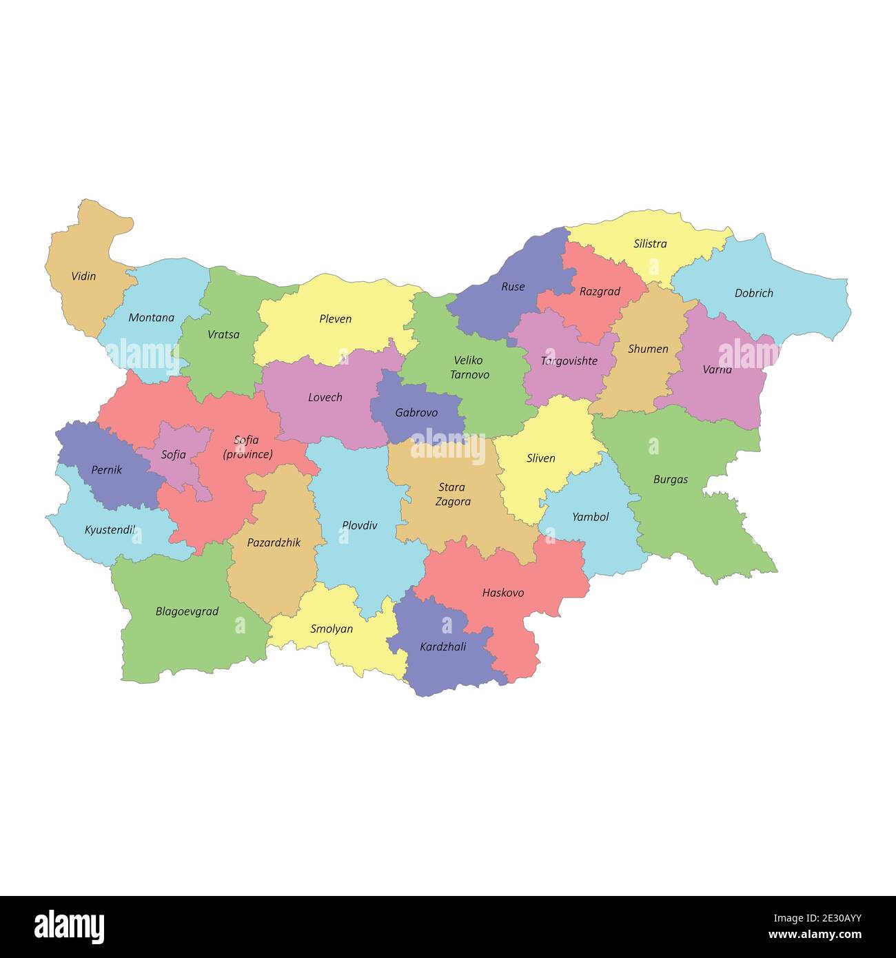 Mappa colorata di alta qualità della Bulgaria con i suoi confini le ...