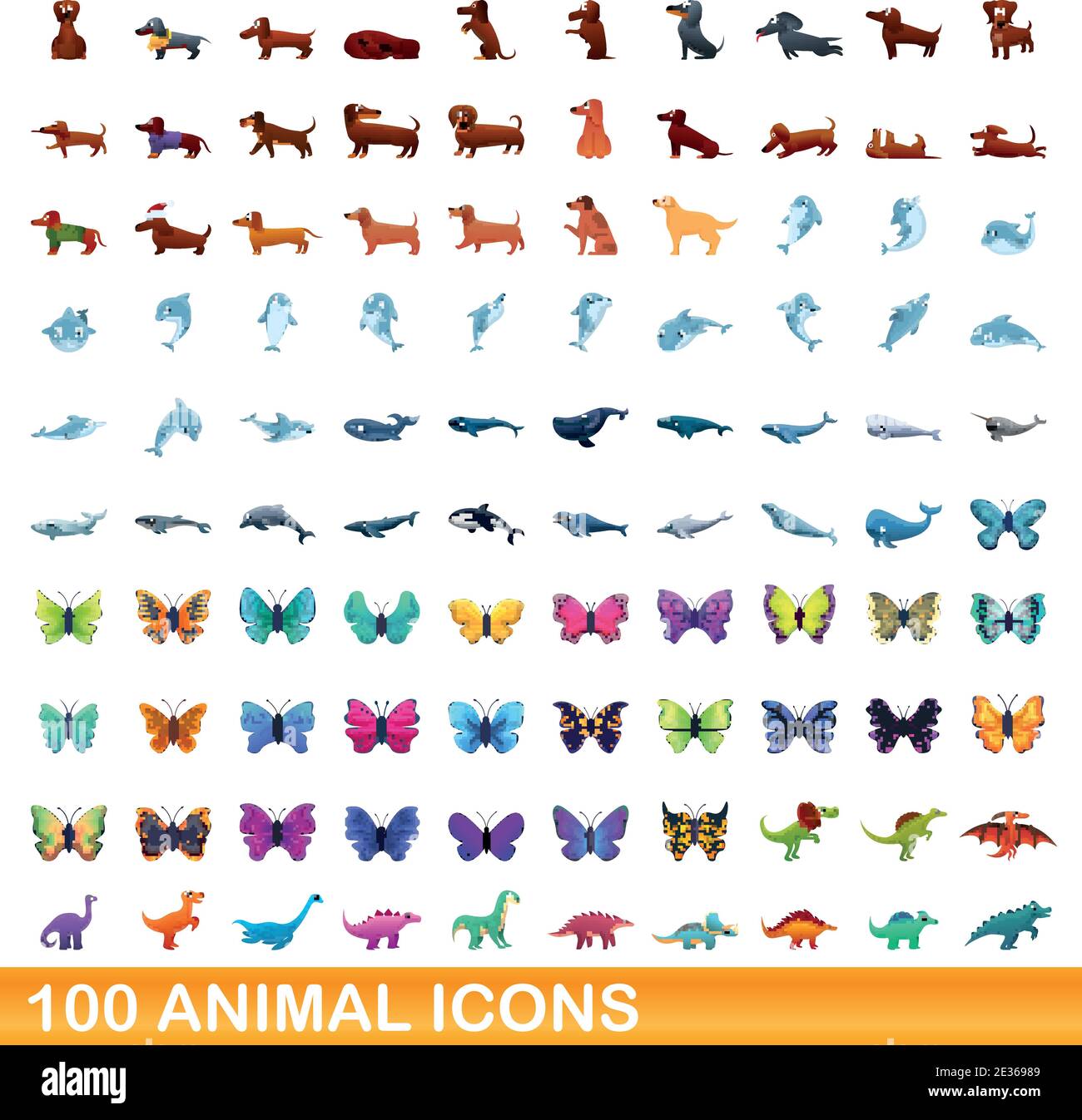100 animali set di icone. Cartoon illustrazione di 100 icone animale ...