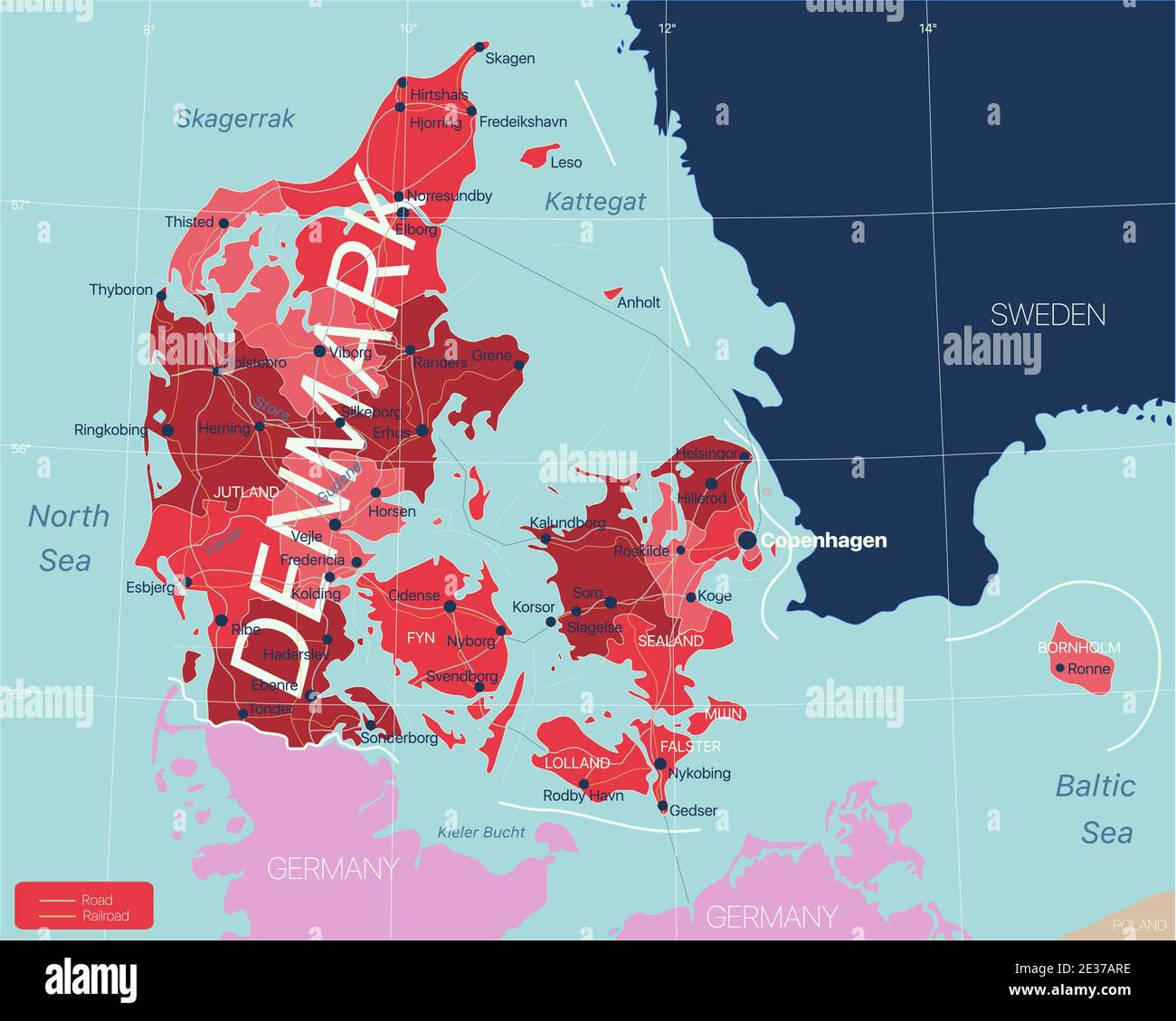 Danimarca Paese Mappa dettagliata modificabile con regioni città e ...