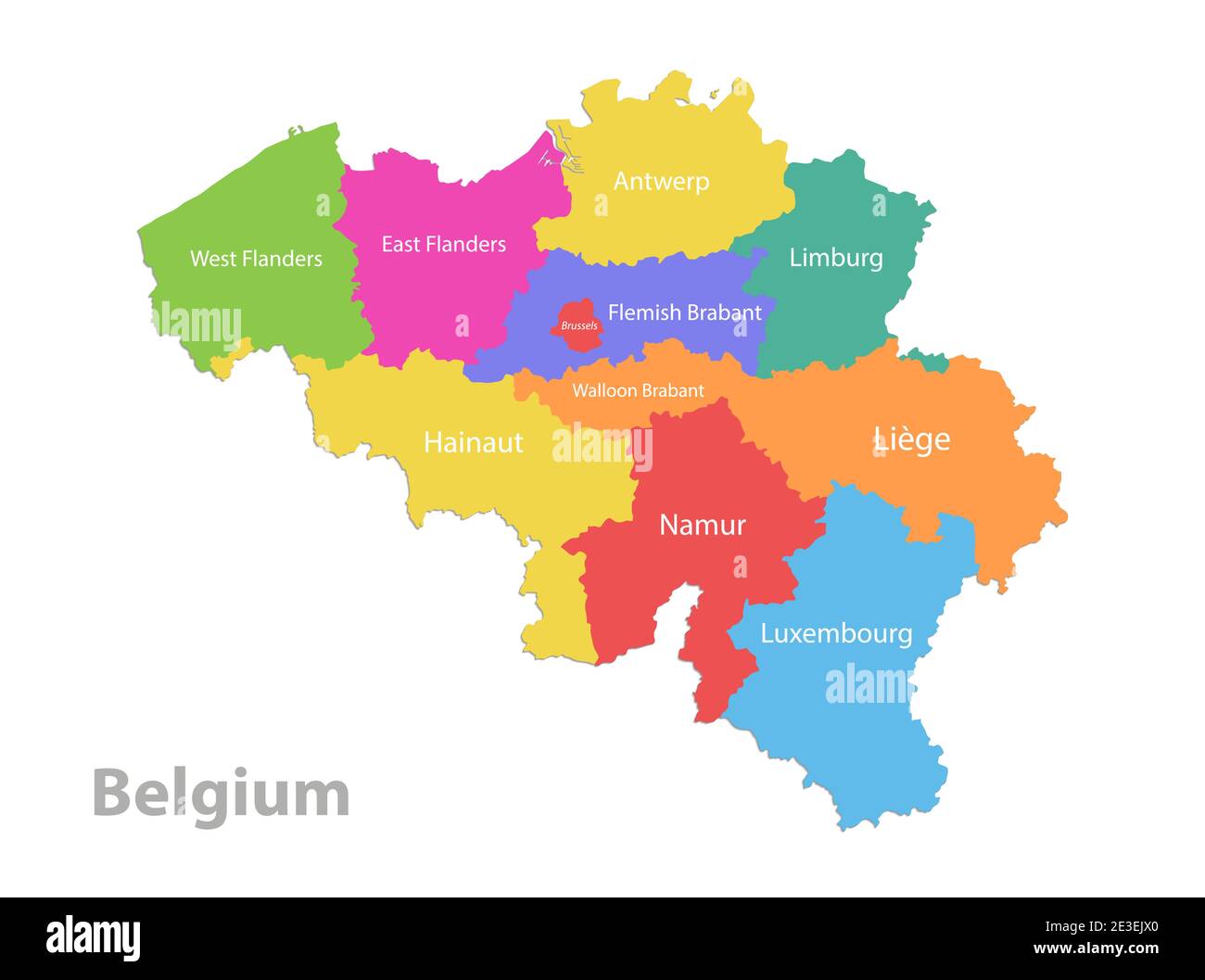 Mappa del Belgio, divisione amministrativa, regioni separate con nomi ...