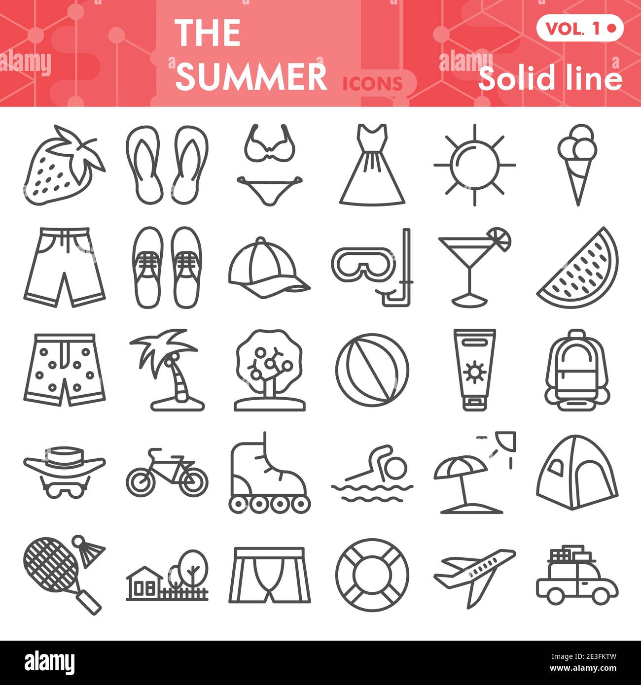 Set di icone della linea estiva, collezione di simboli sulla spiaggia o ...