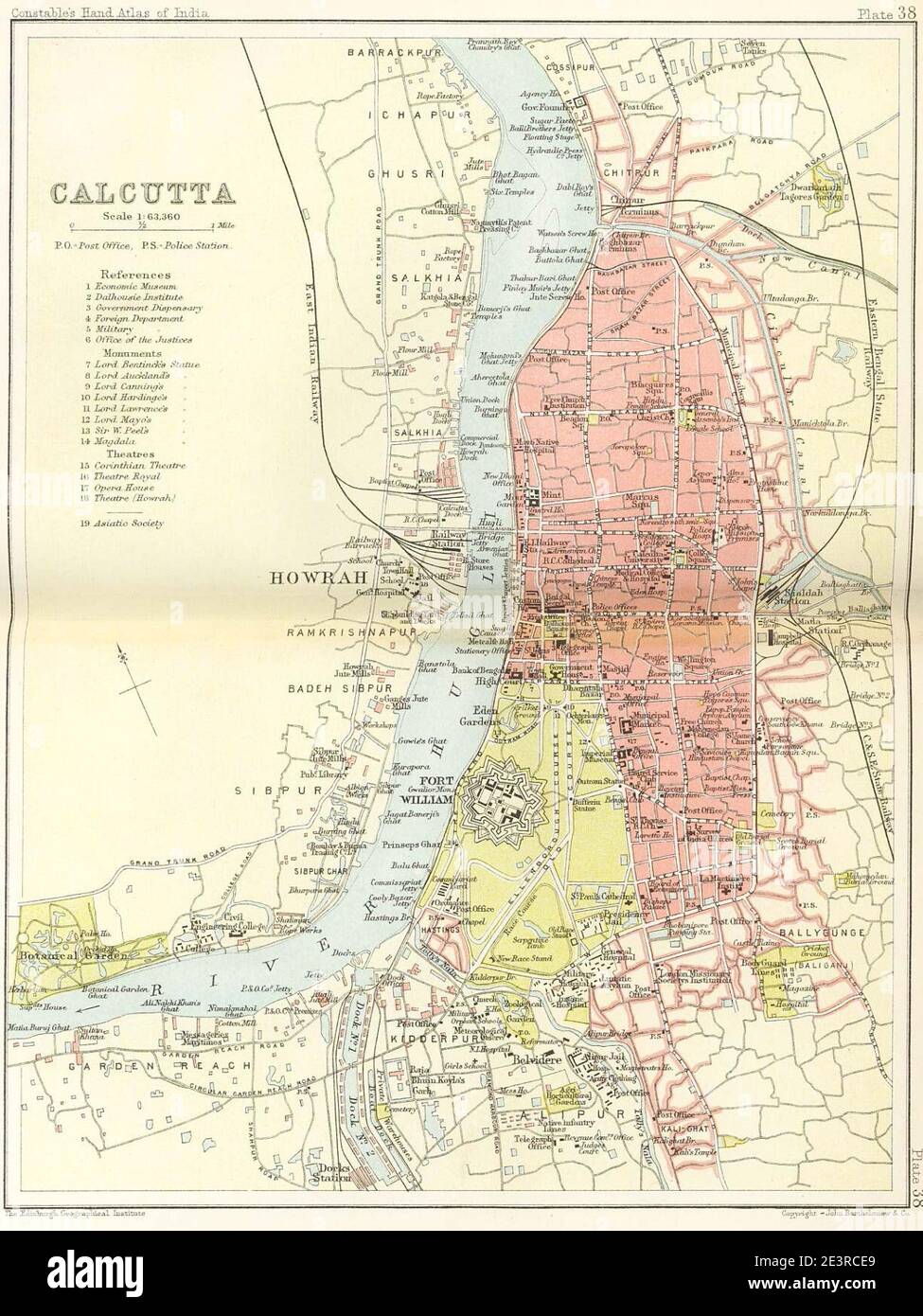 Mappa di Calcutta dalle mappe dell'atlante a mano 1893 di Constable ...