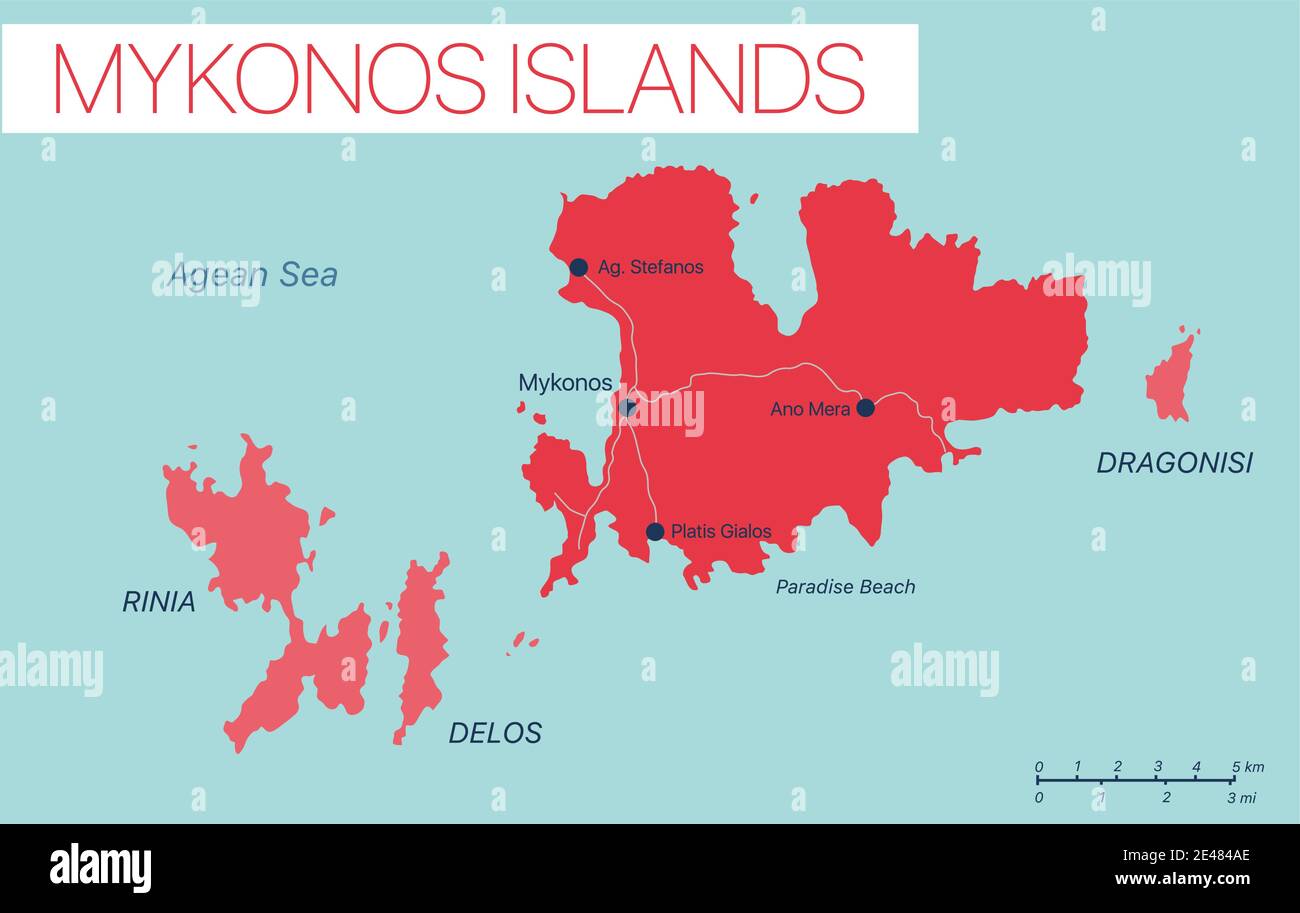Isola di Mykonos Mappa dettagliata modificabile con città e città, siti ...