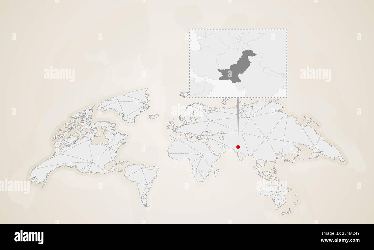 Mappa del Pakistan con i paesi vicini imperniati sulla mappa del mondo ...