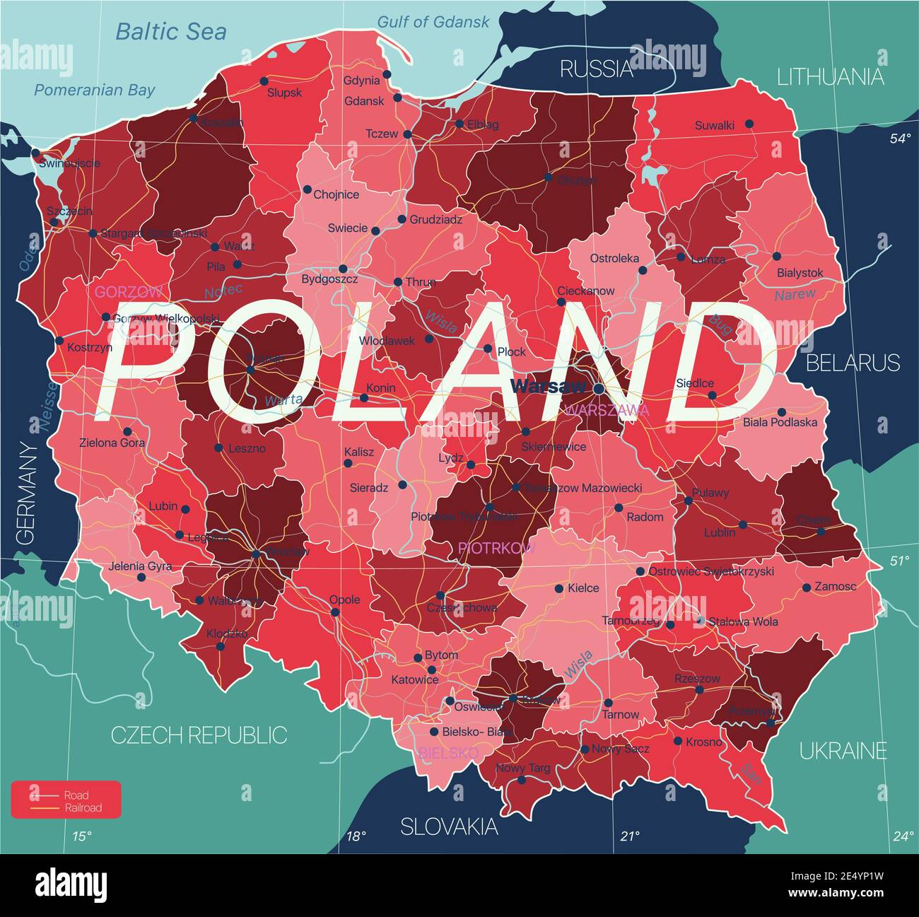 Paese Polonia Mappa dettagliata modificabile con regioni città e città ...