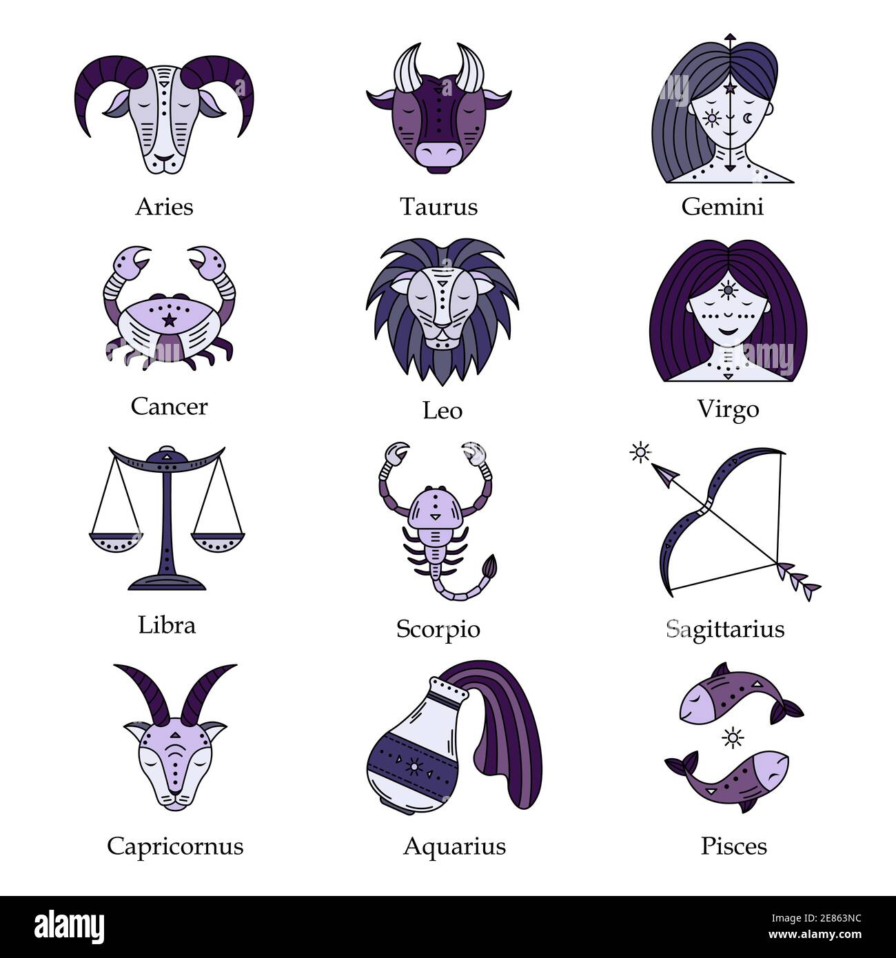 Insieme vettoriale di simboli astrologici, segni zodiacali. Simboli ...