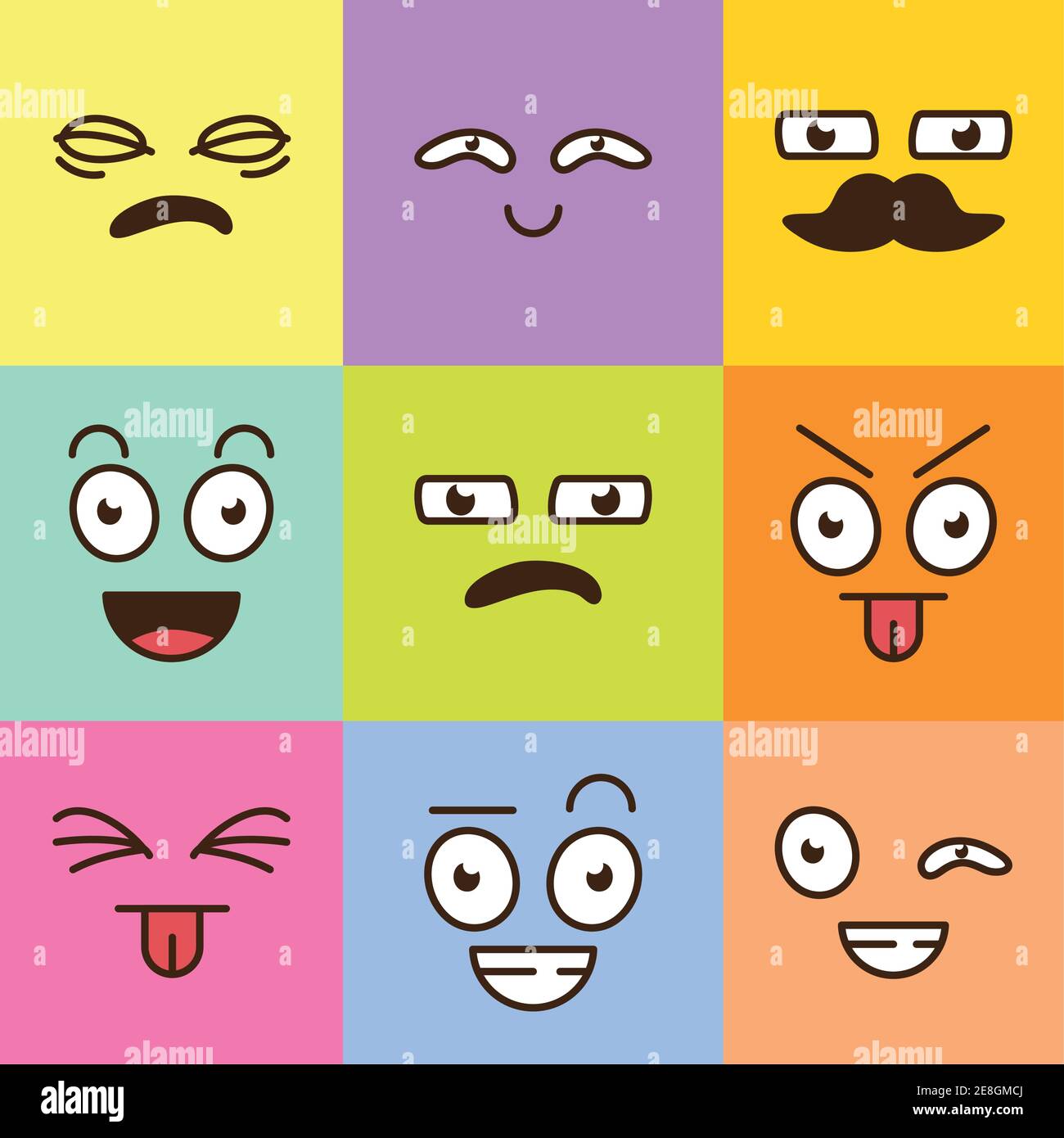 pacchetto di nove emoticon volti cartoon in set di colori di sfondo ...
