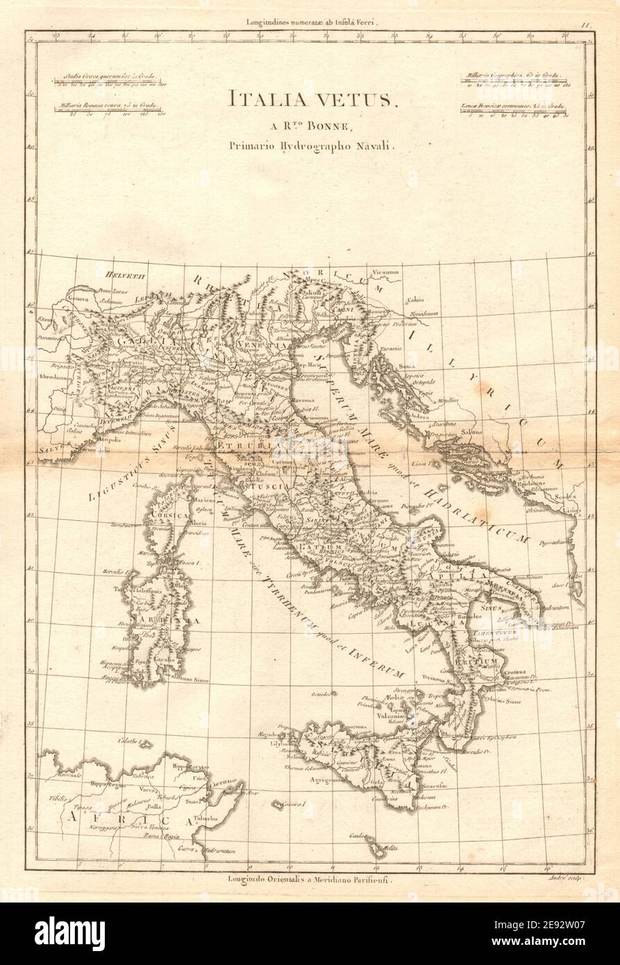 Italia Vetus. Italia antica o romana. BONNE 1787 vecchia mappa mappa ...