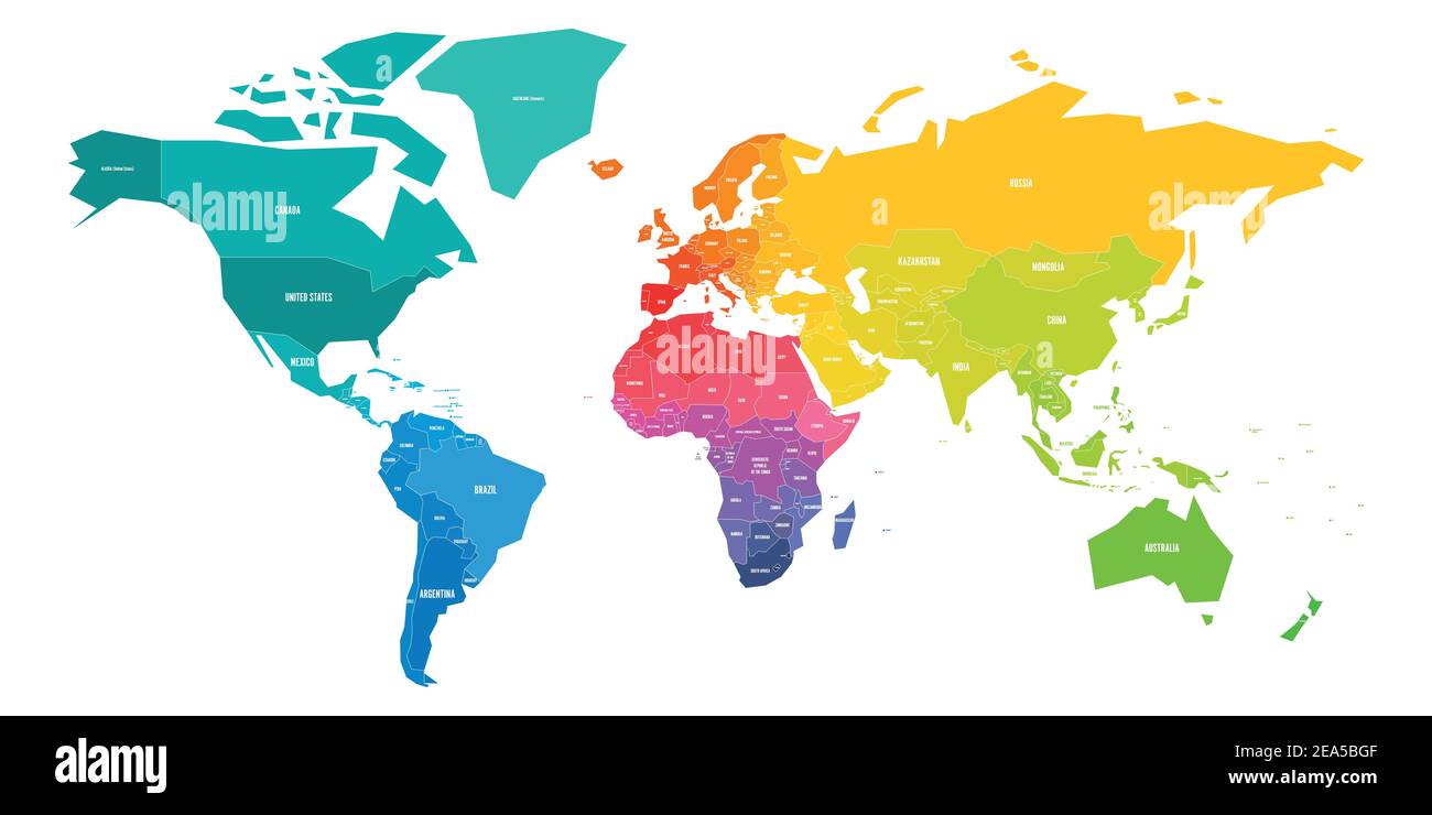 Mappa del mondo colorata in colori dello spettro arcobaleno. Ogni paese ...
