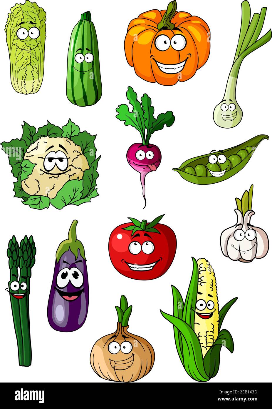 Personaggi di verdure cartoon con pomodoro, cipolla, melanzane, mais ...