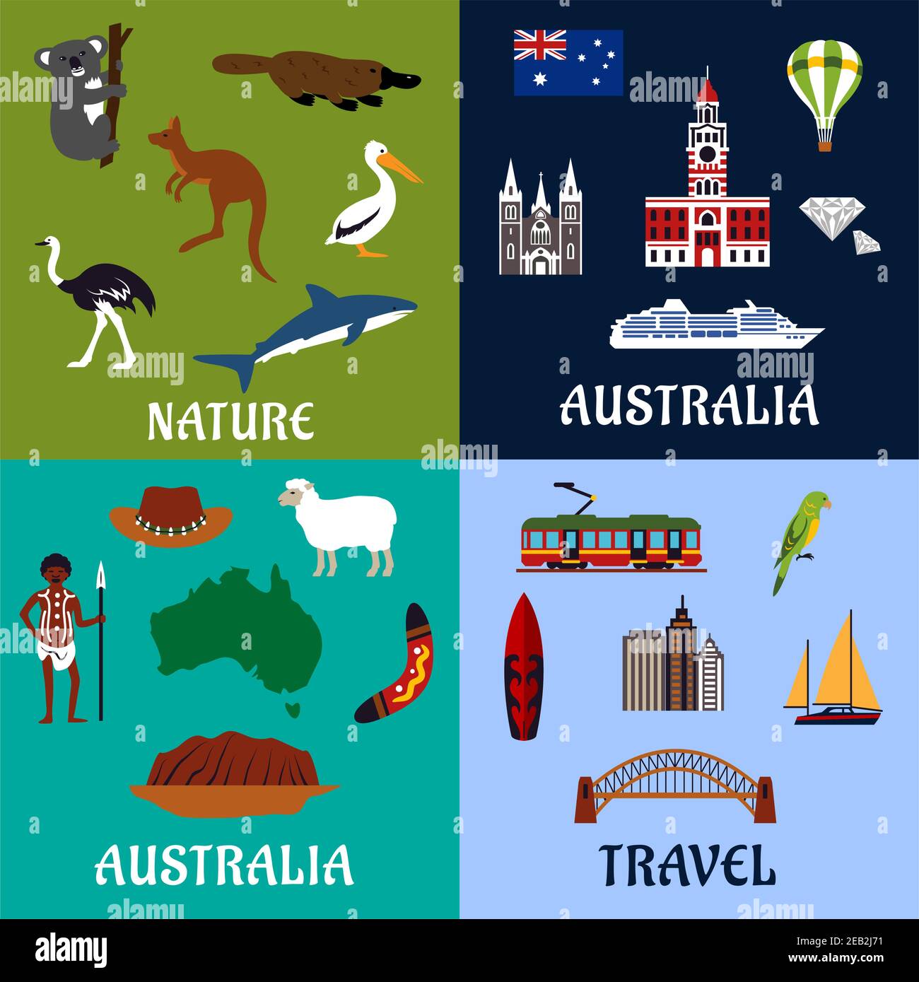 Simboli e icone di viaggio australiani in stile piatto con bandiera ...