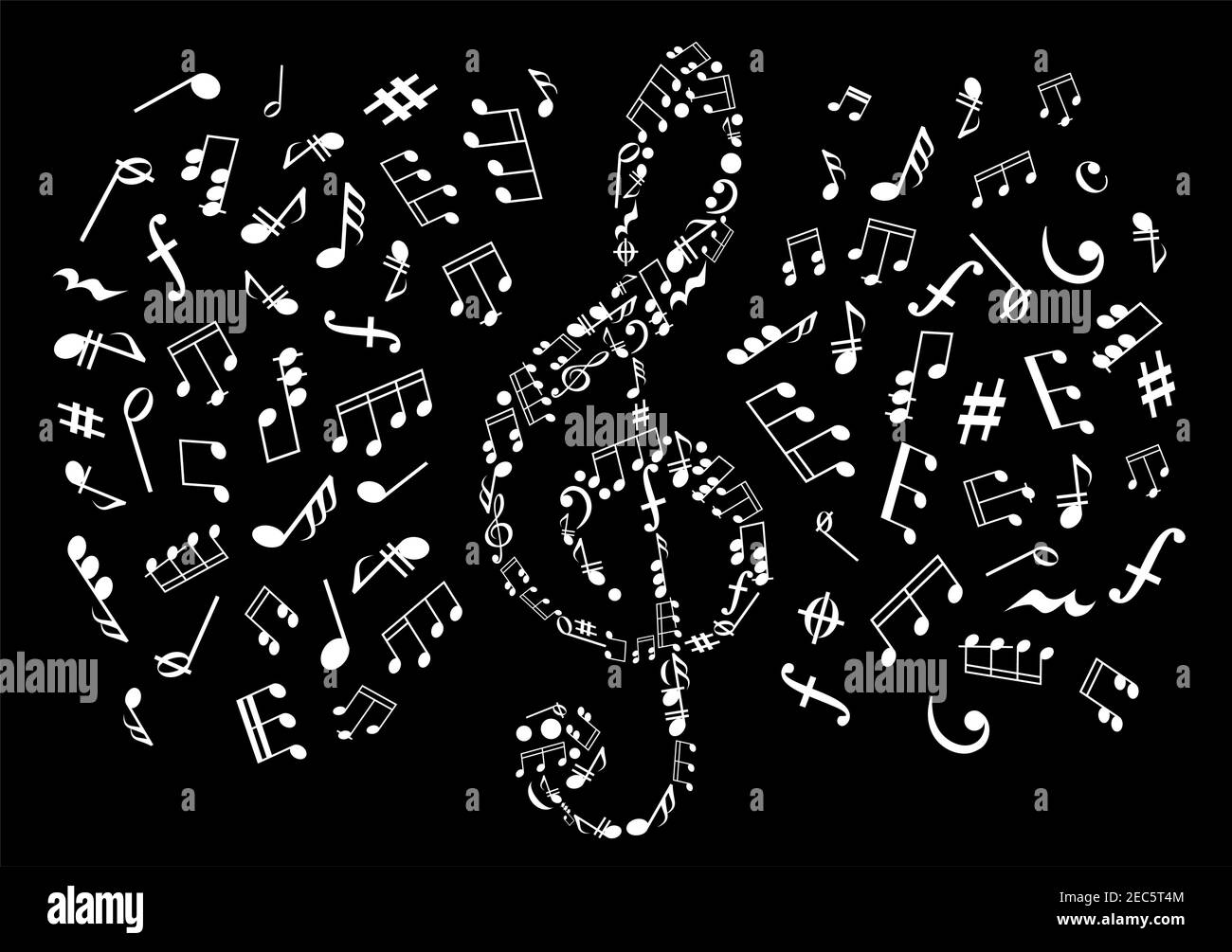 Note musicali sfondo bianco e nero con silhouette di treble clef ...