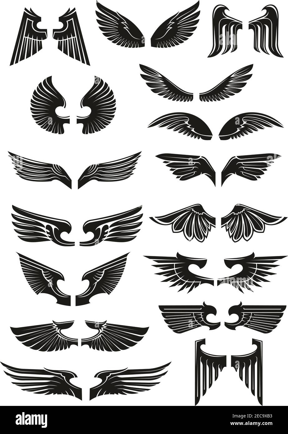 Set di icone di ali nere. Uccello araldico d'epoca, aquila, ali d ...
