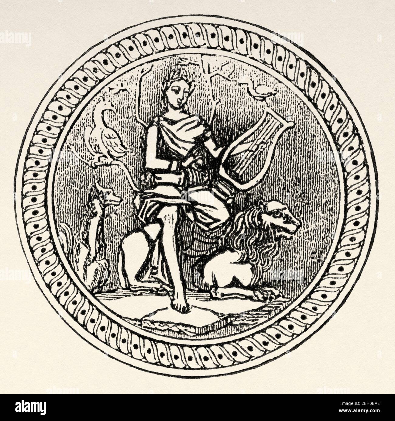 Orfeo attrae animali selvatici al suono della sua lira, personaggio ...