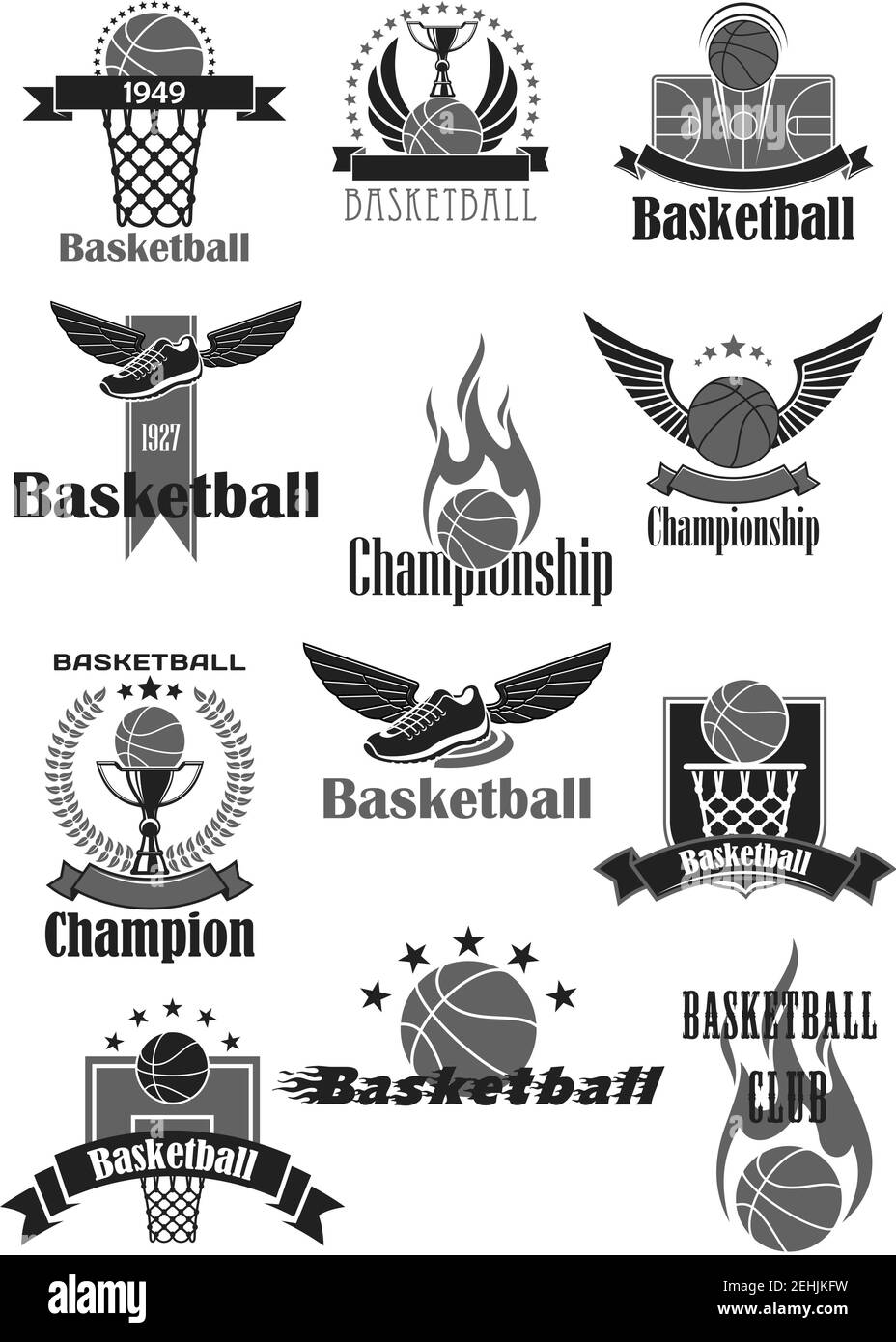 Set di simboli per il gioco di pallacanestro. Palla da basket, cesto ...