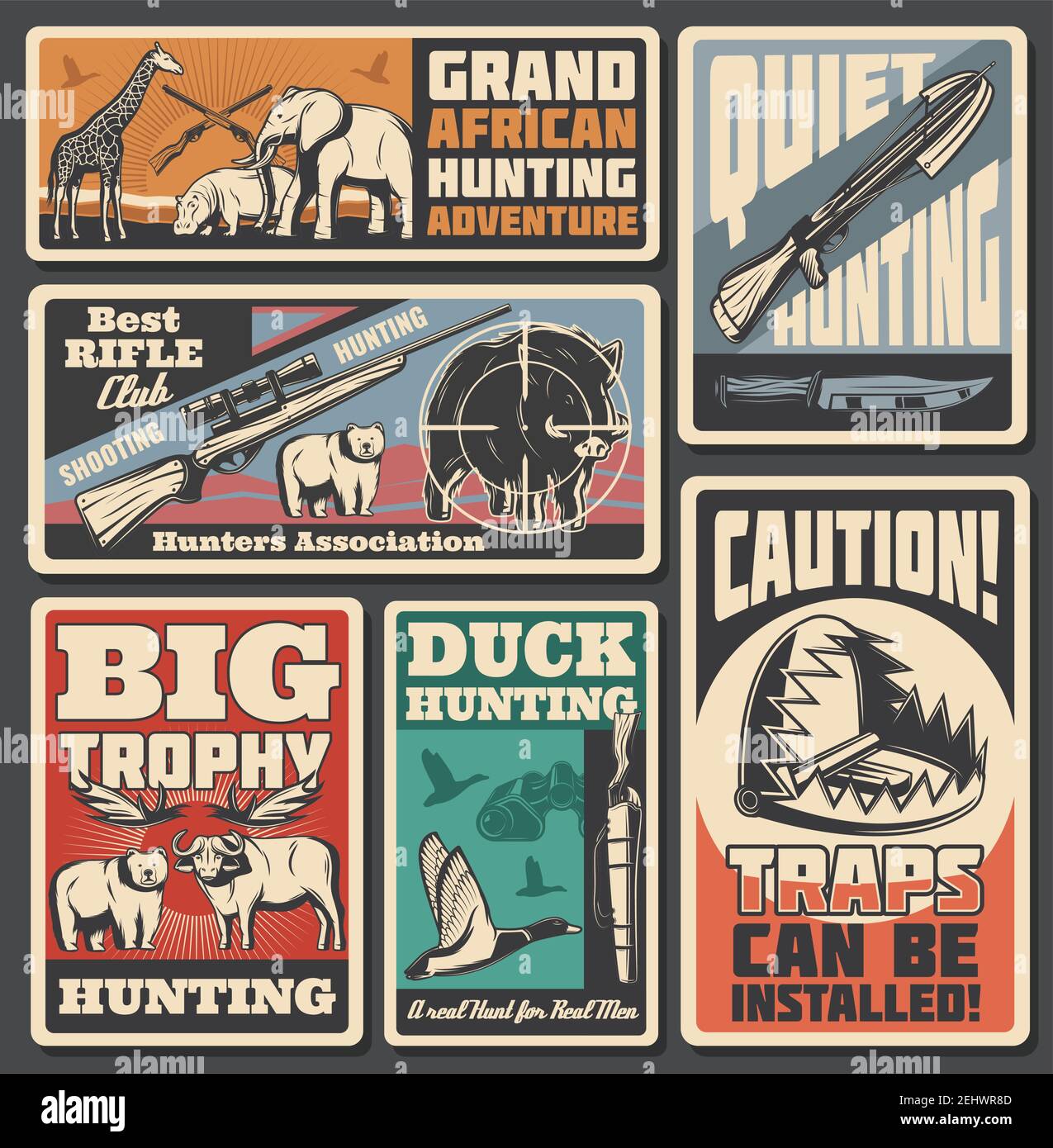 Animali e armi di caccia sport retrò poster vettoriali. Safari africano ...
