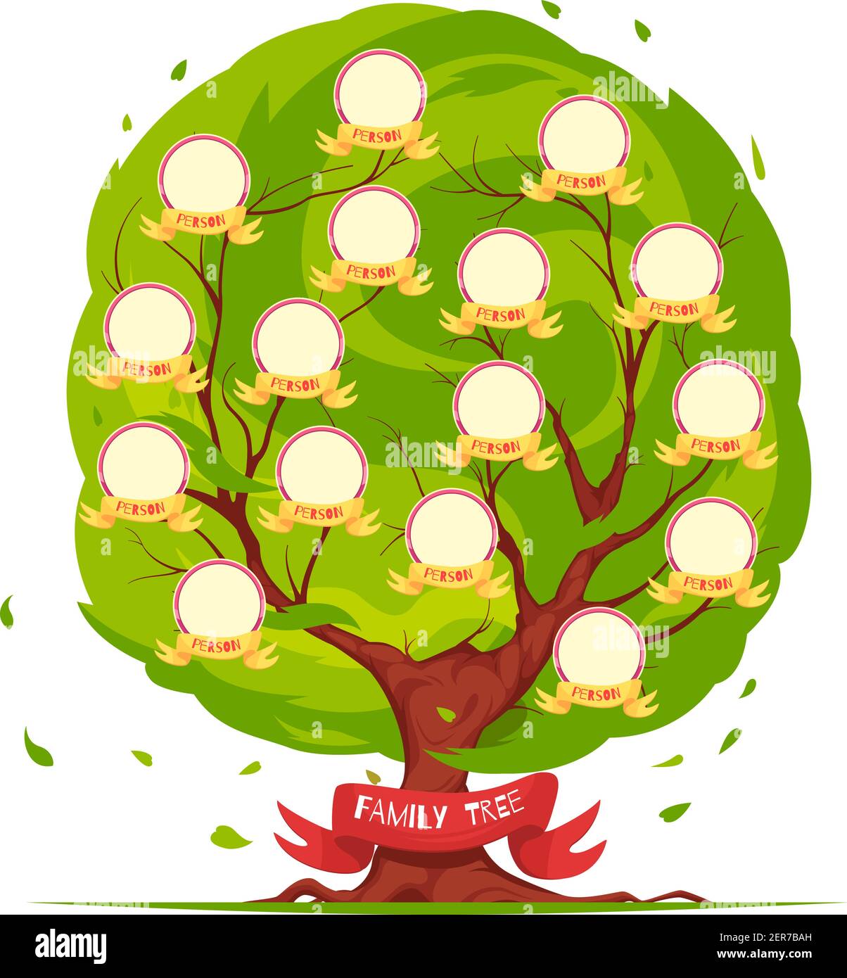 Modello ad albero genealogico con cornici rotonde per ritratti di famiglia membri su sfondo ...