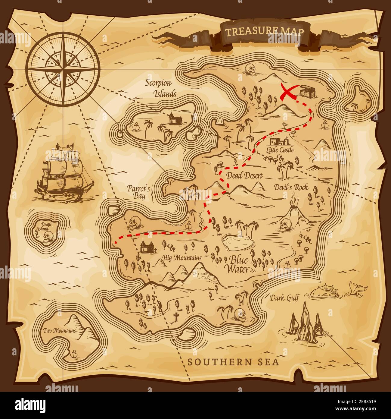 Mappa tesori carta pergamena, tesoro dei pirati, vettore viaggio ...
