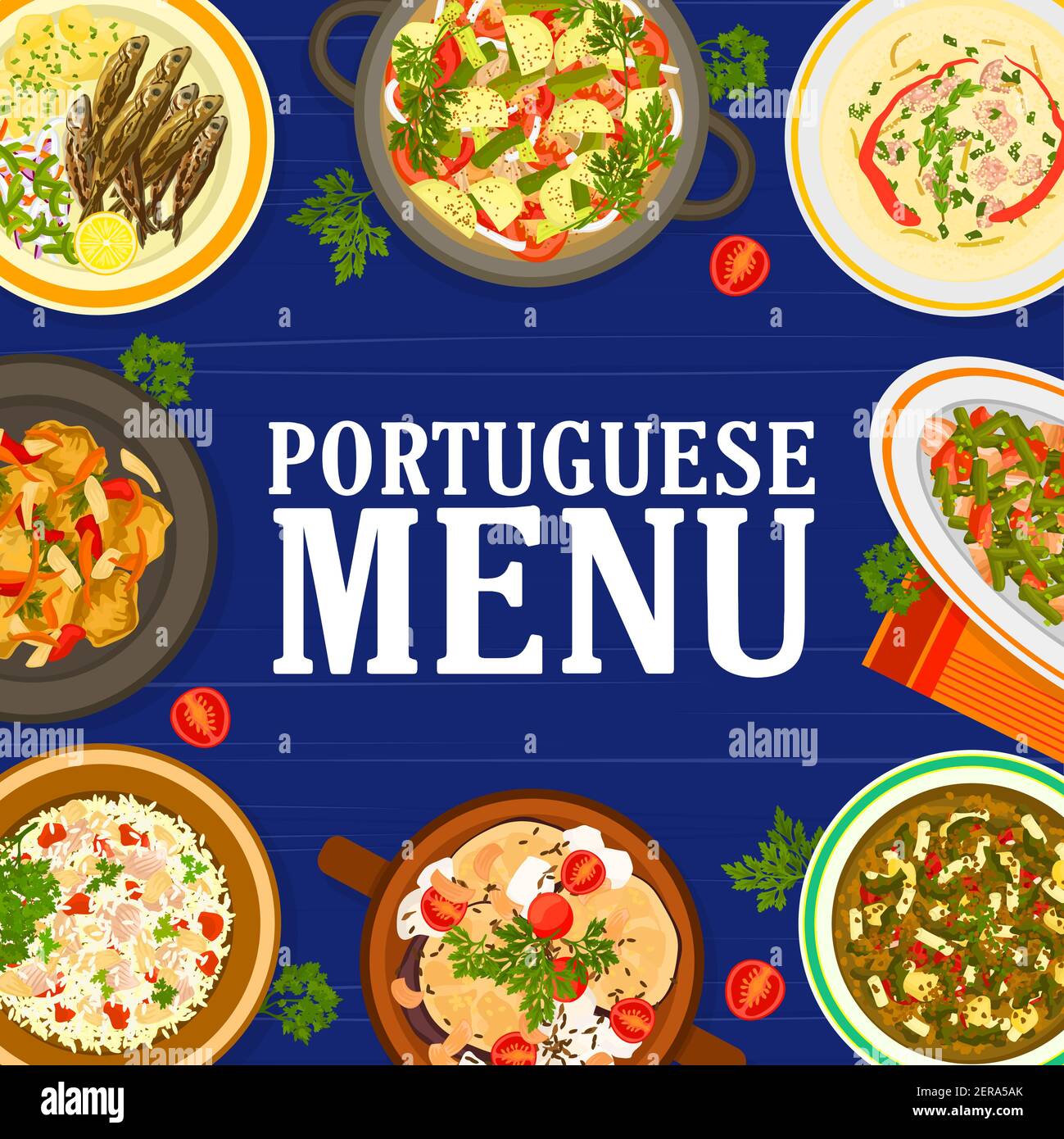 Cucina portoghese menu di piatti e pasti. Filetto di maiale, paella ...