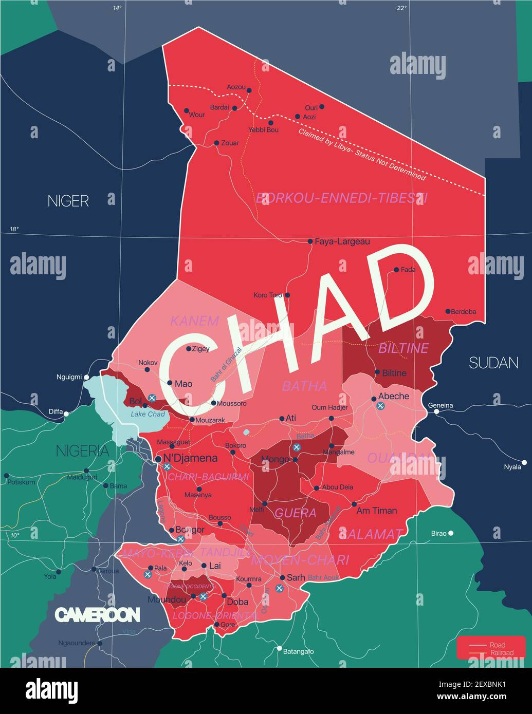 Paese Ciad Mappa dettagliata modificabile con regioni città e città ...