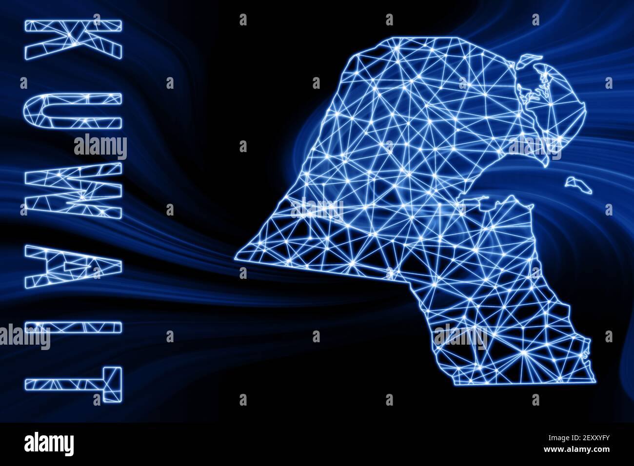 Mappa di Kuwait, mappa della linea di mesh poligonale, mappa blu su ...