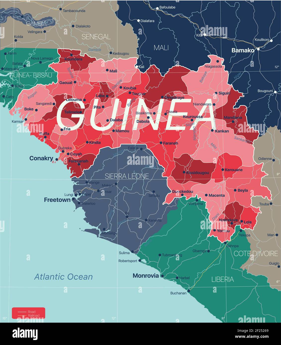 Paese della Guinea Mappa dettagliata modificabile con regioni città e ...