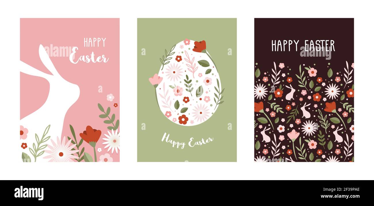 Buona Pasqua. Biglietti di auguri o poster con coniglietto, fiori ...