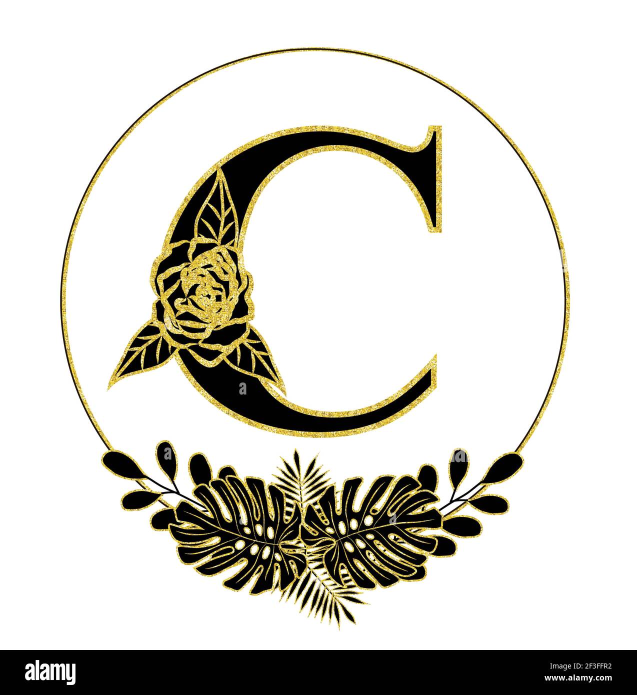 Lettera alfabeto floreale C. Monogramma d'oro lettera in cornice ...