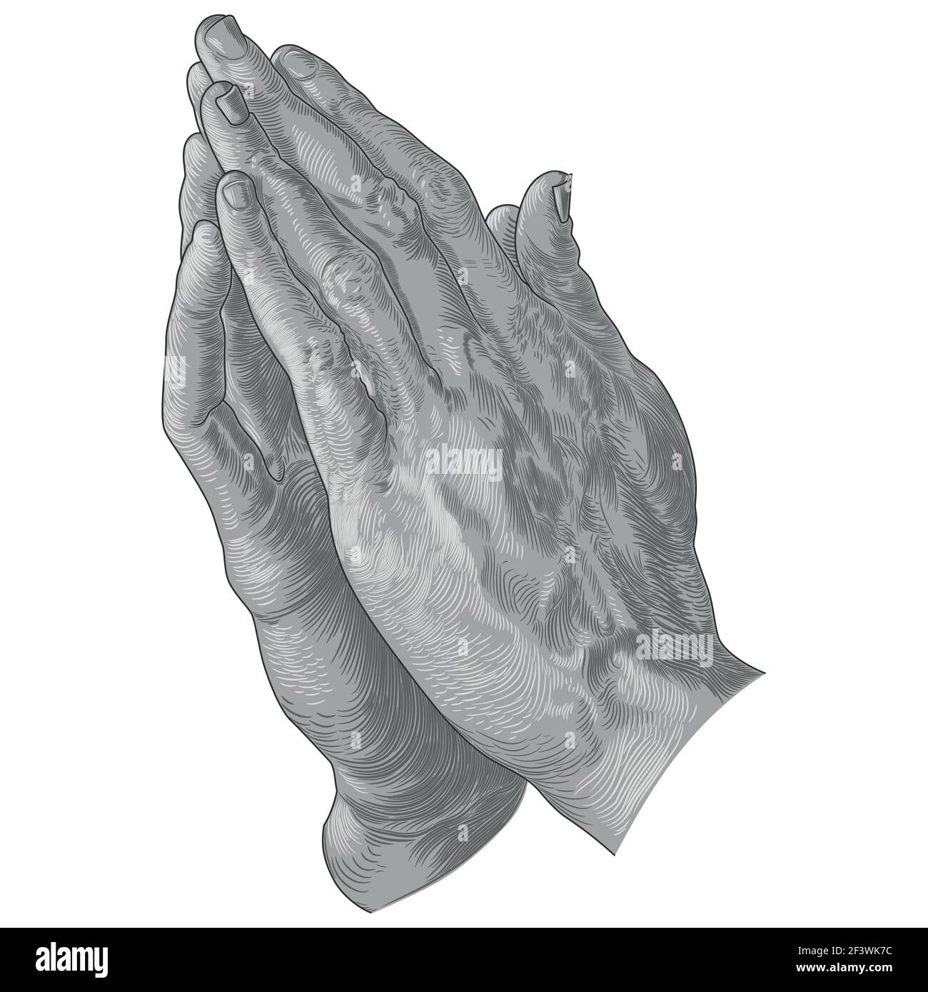 Scala di grigi che prega le mani piegate disegno vettoriale, mani prete ...