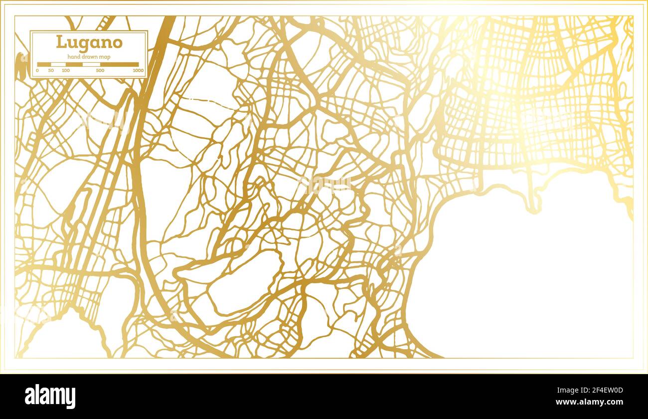 Lugano Svizzera Mappa della città in stile retro in colore dorato ...
