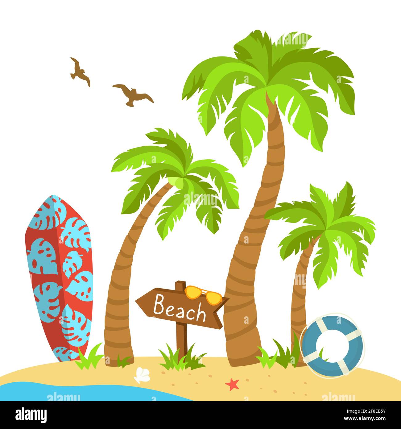 Spiaggia tropicale appartamento Cartoon isola, surf. Palme e gabbiani ...