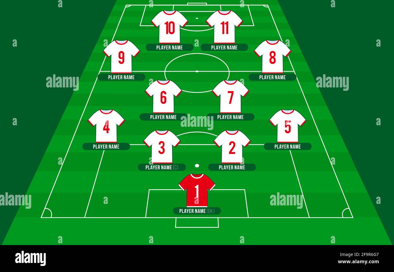 Formazione della squadra di calcio. Campo da calcio o da calcio con 11 ...