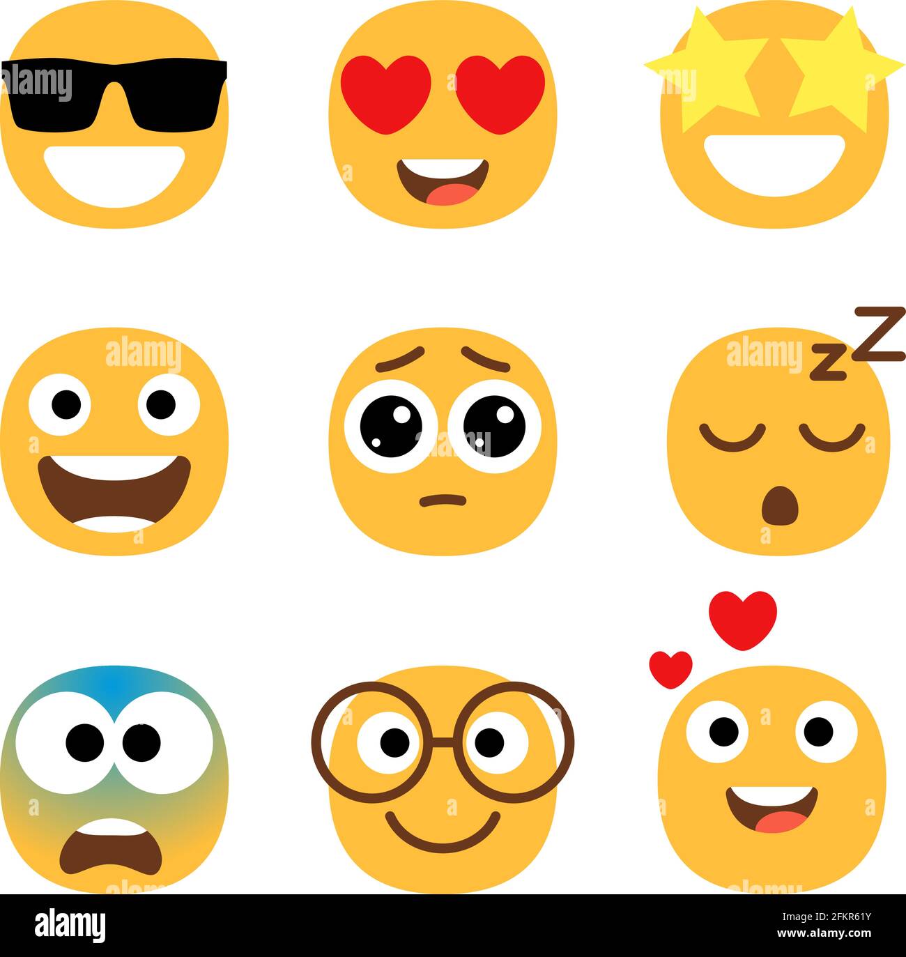 Emoticon piatte. Semplice felice e divertente, set di sorriso cartoon ...