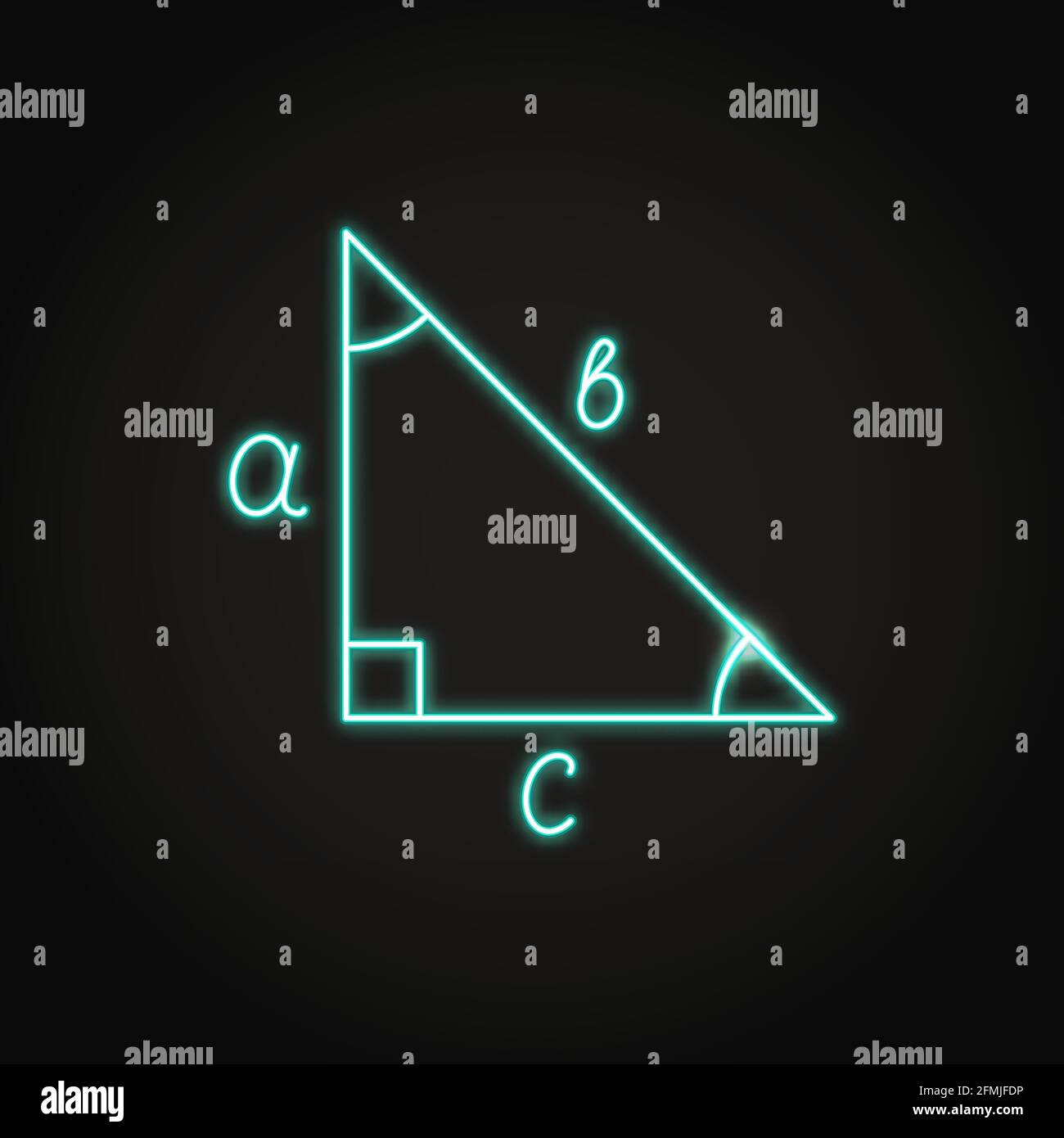 Triangolo rettangolo al neon con l'icona angoli contrassegnati nello ...