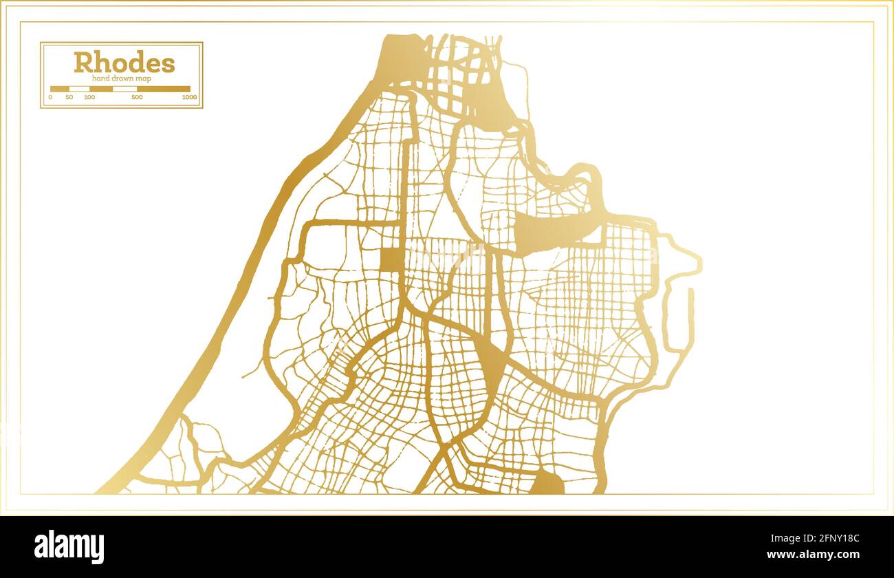 Rodi Grecia Mappa della città in stile retro in colore dorato. Mappa di ...
