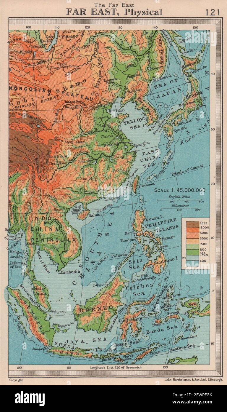 Estremo Oriente - fisico. Asia orientale. BARTOLOMEO 1949 vecchia mappa ...
