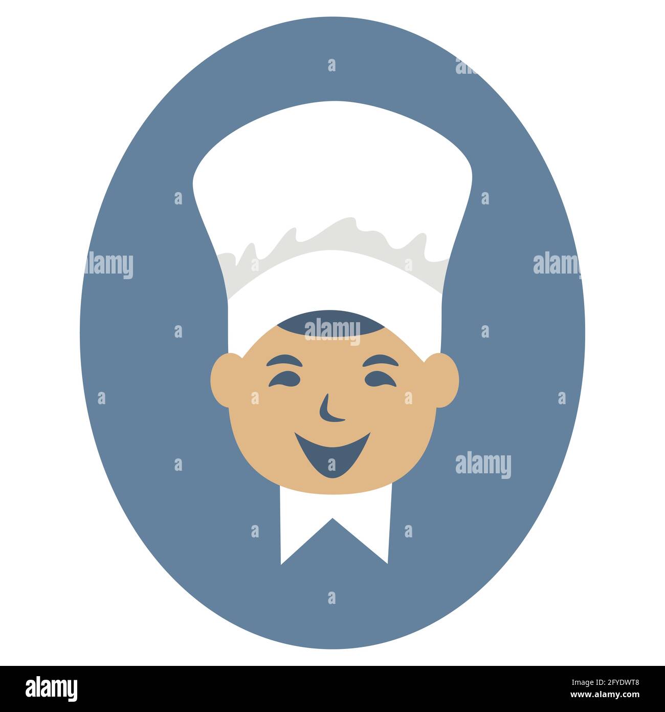 Icona di cuoco divertente su sfondo ellisse blu. Cuoco giovane nel ...